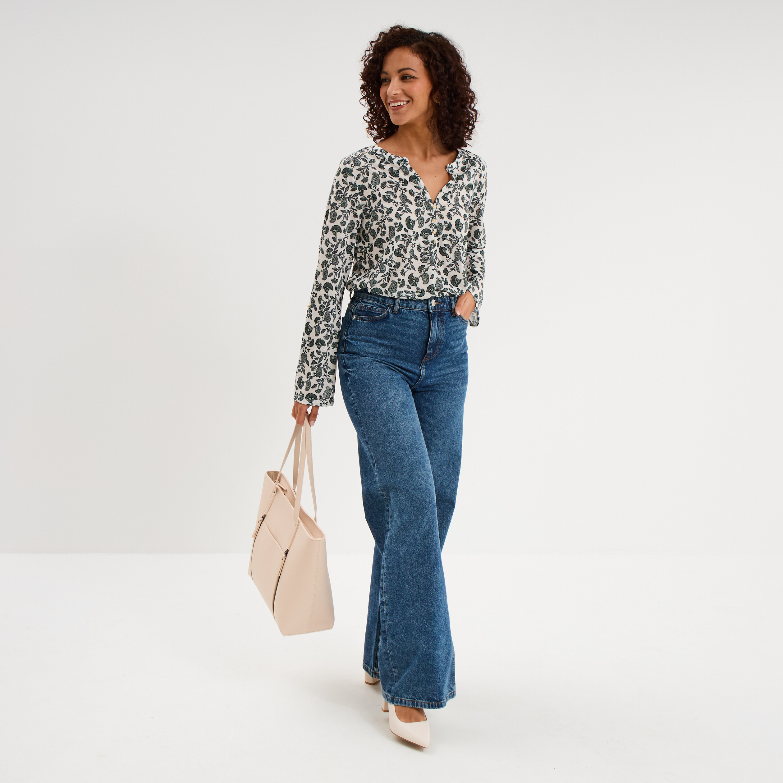 T-shirt col mao manches retroussables ecru femme | La Halle
