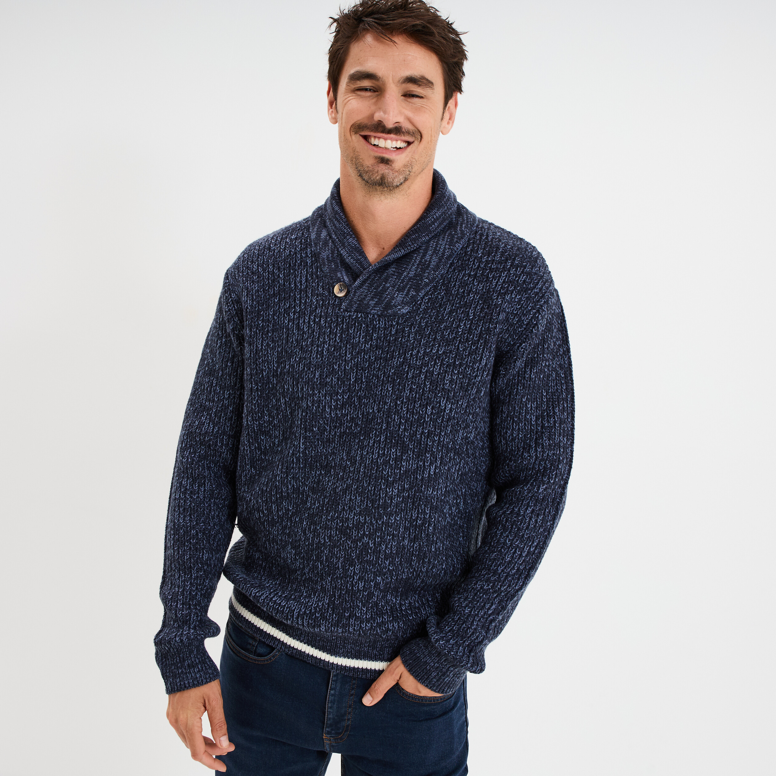 Pull col châle manches longues bleu marine homme | La Halle