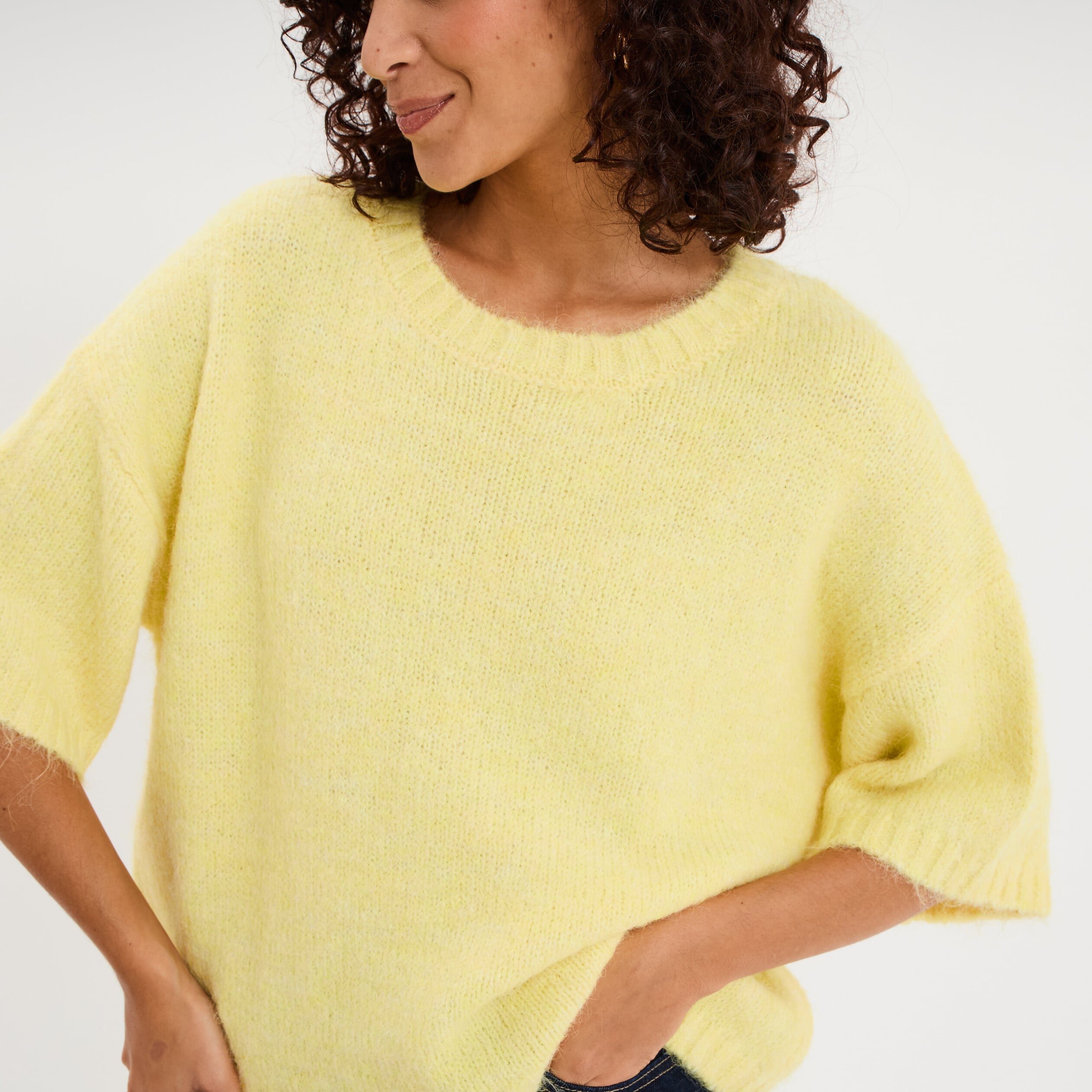 Pull col rond manches courtes jaune clair femme | La Halle