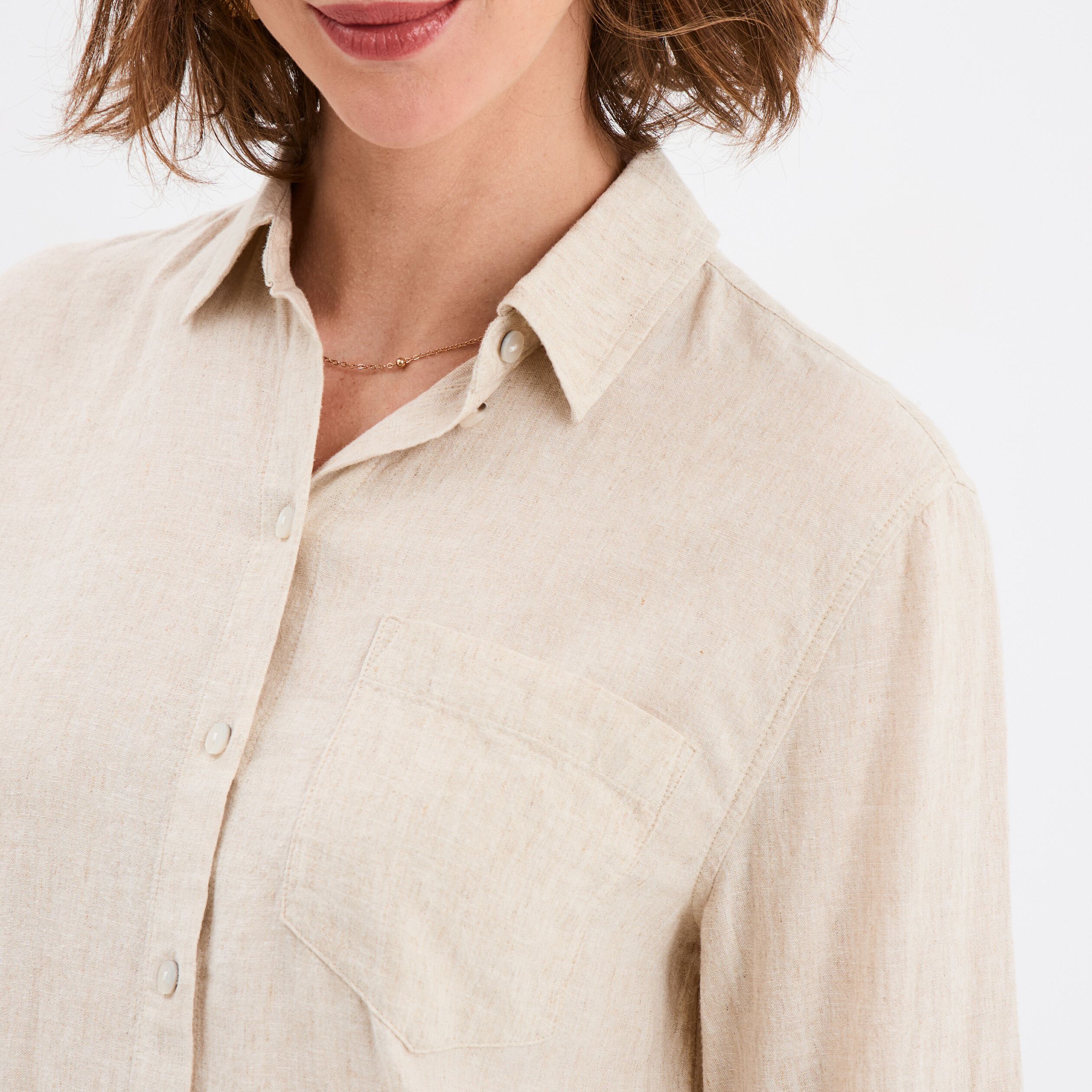 Chemise lin mélangé manches longues beige femme | La Halle