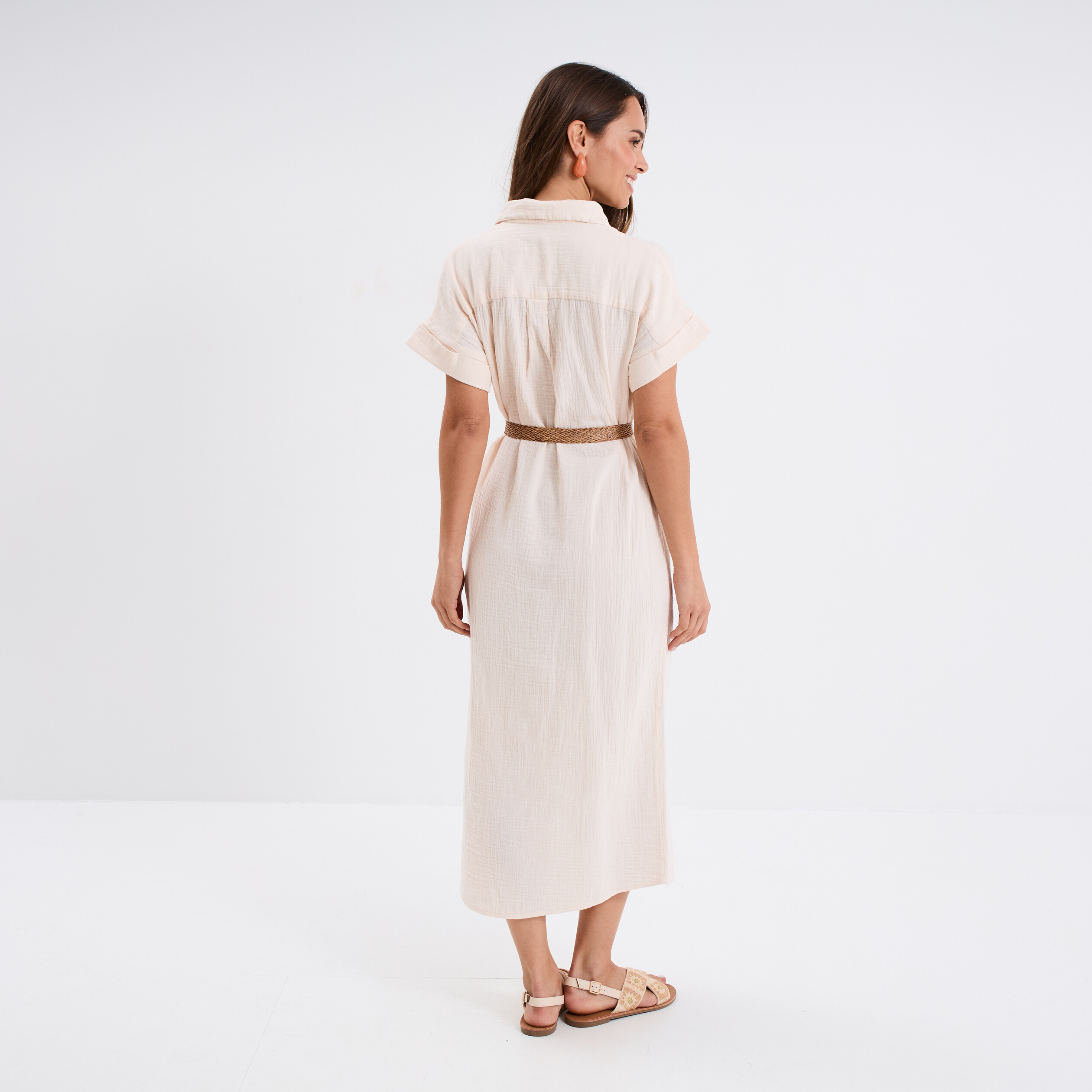 Robe midi boutonnée ceinturée gaze coton beige femme | La Halle