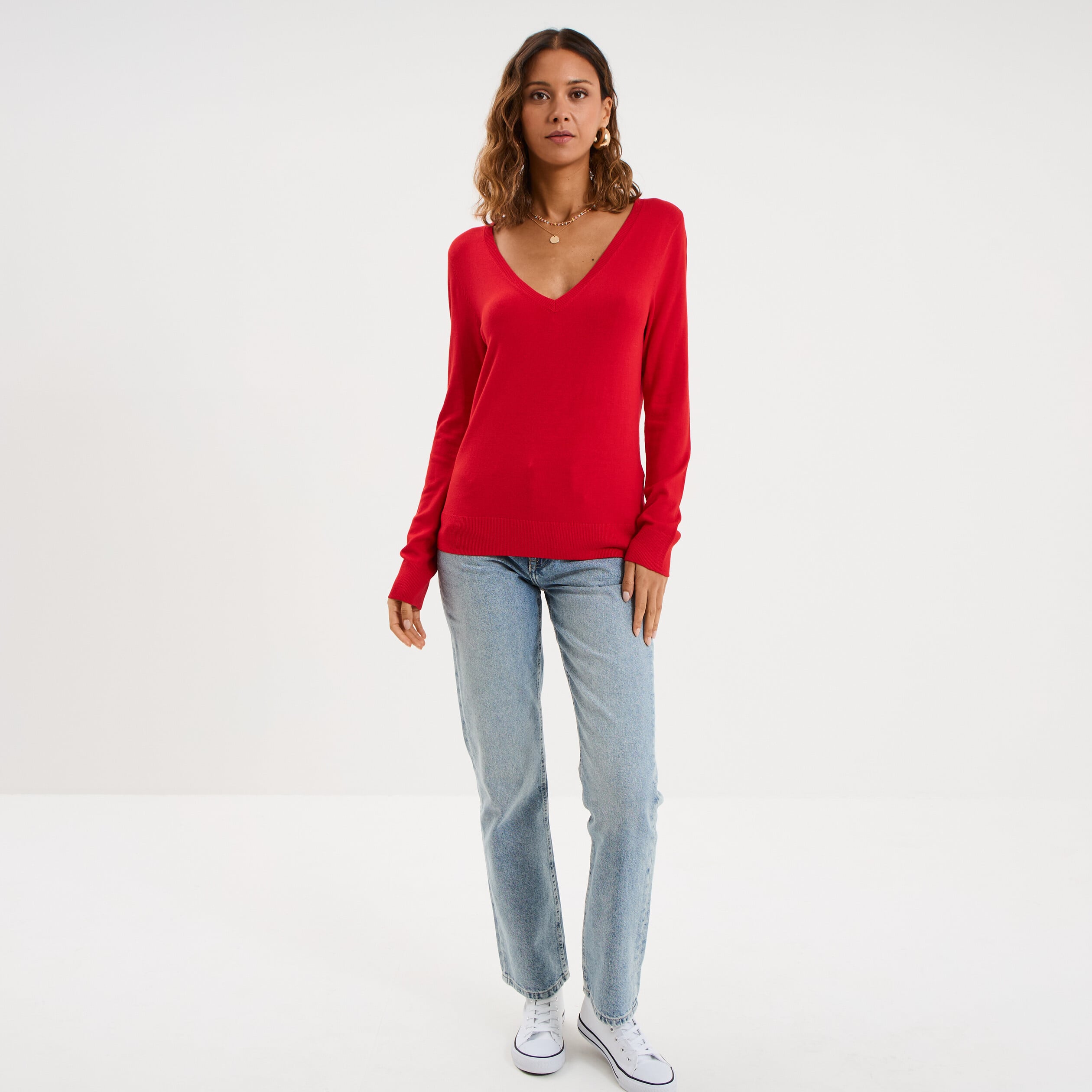 Pull col en V manches longues rouge femme | La Halle