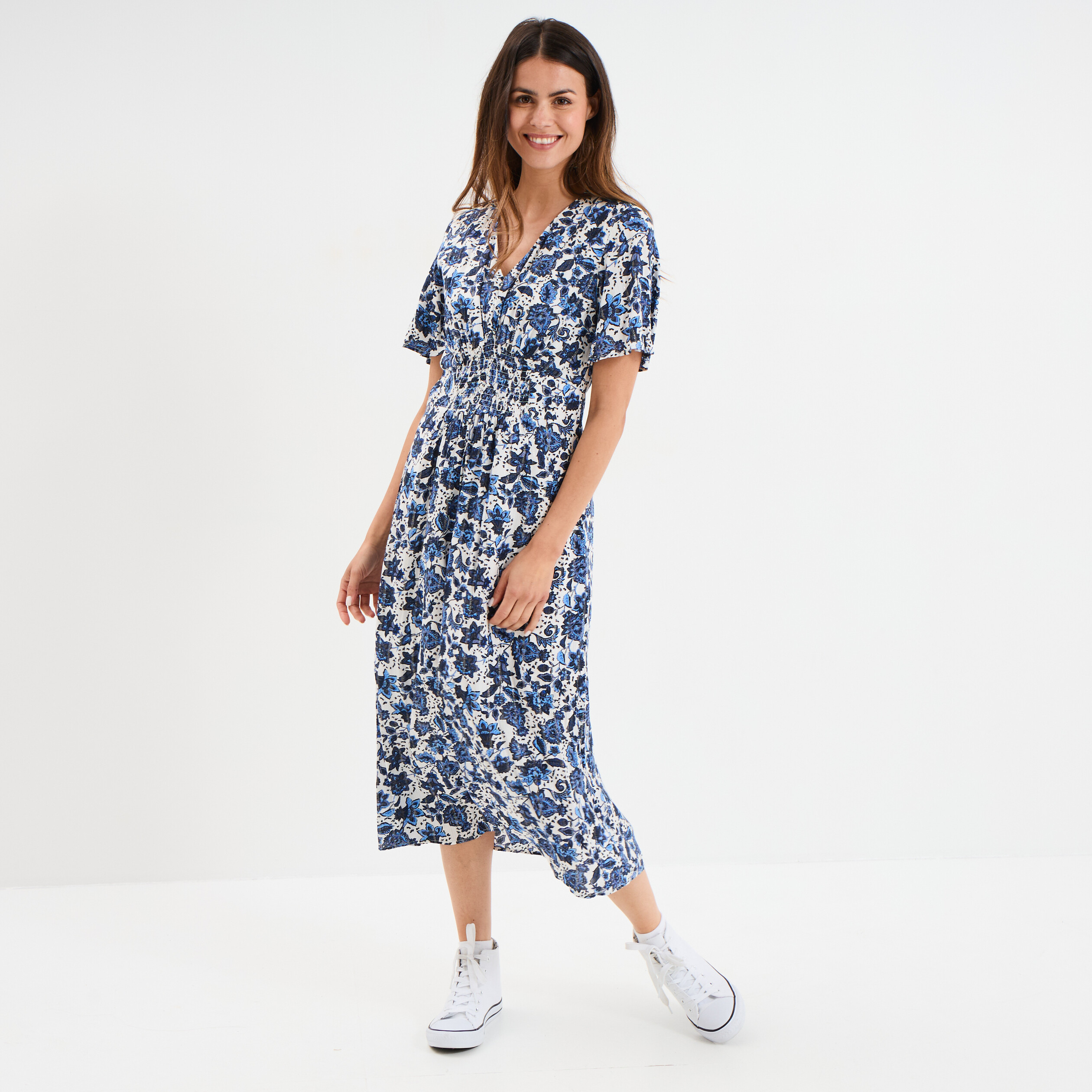 Robe longue empire taille smockée blanc femme | La Halle