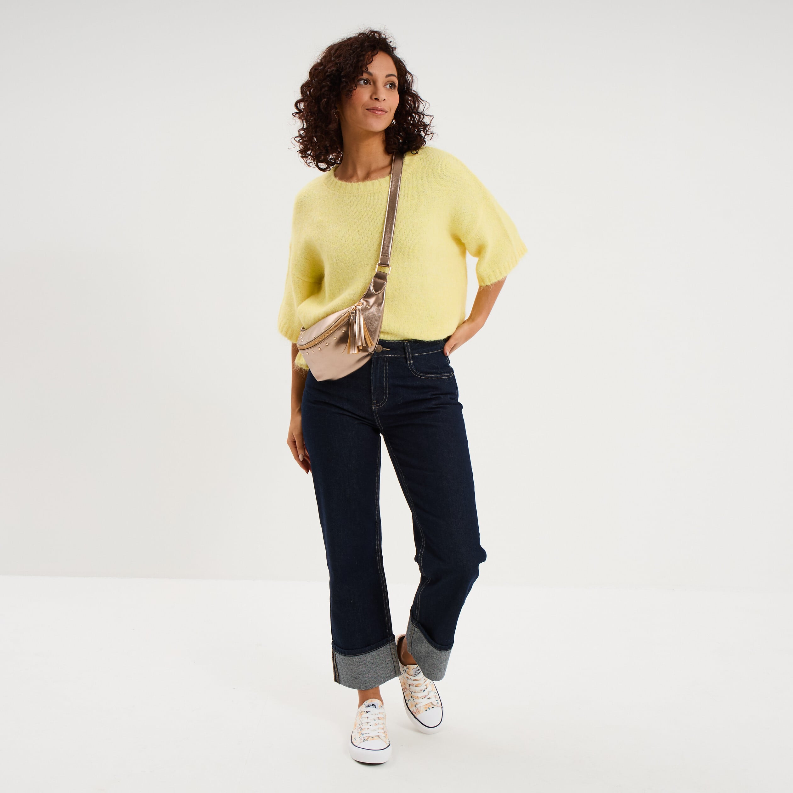 Pull col rond manches courtes jaune clair femme | La Halle