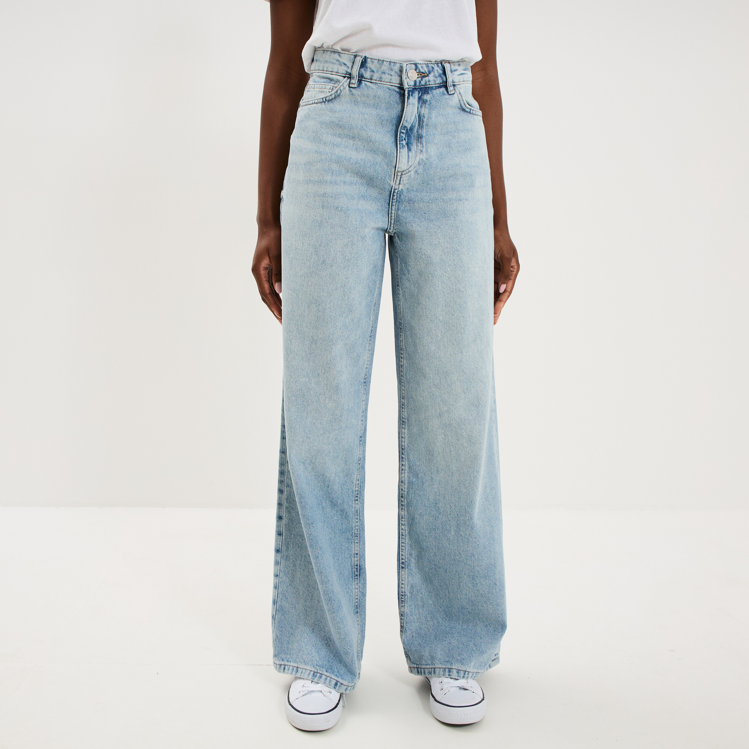 Jean large taille haute coton denim double stone femme | La Halle