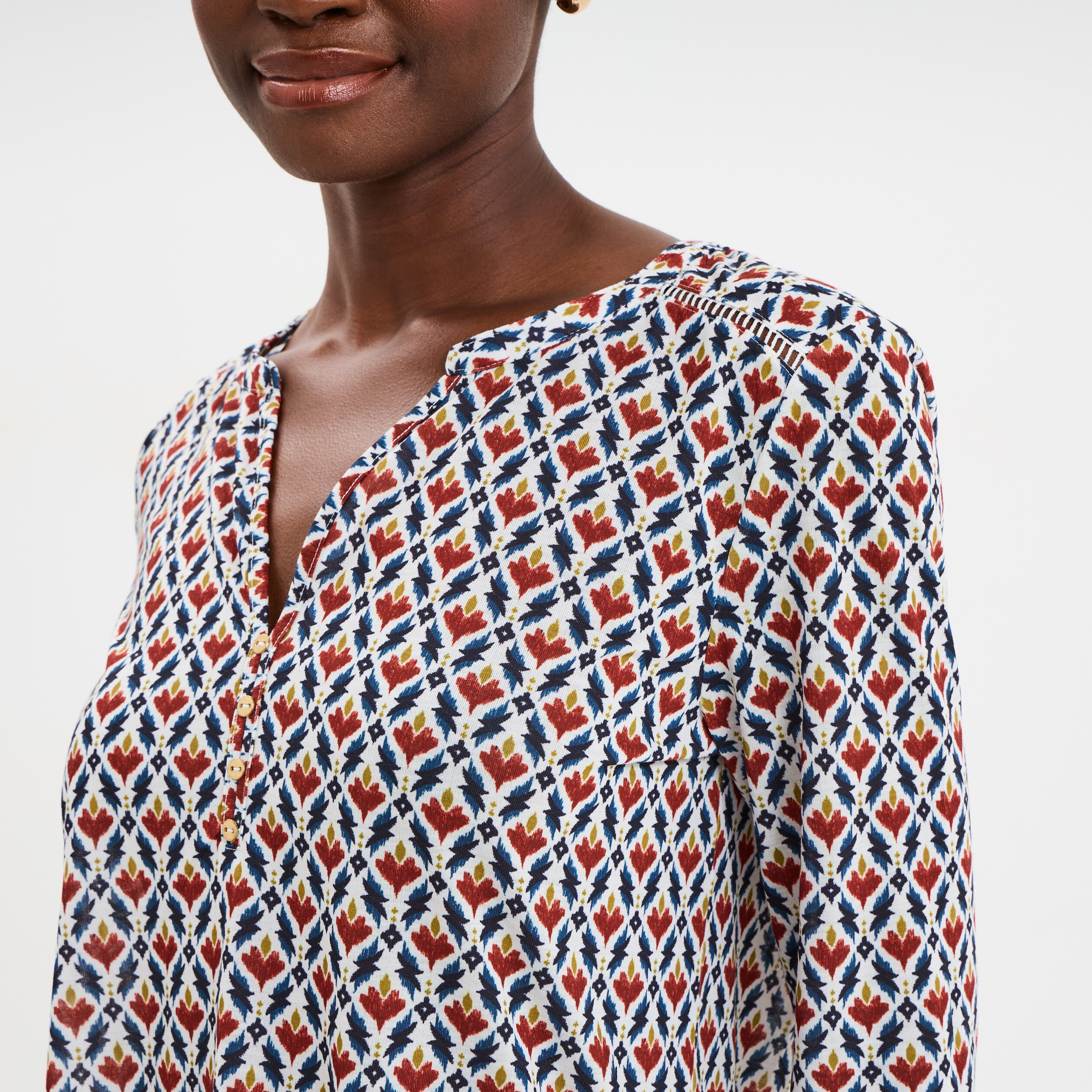 T-shirt col mao manches retroussables ecru femme | La Halle
