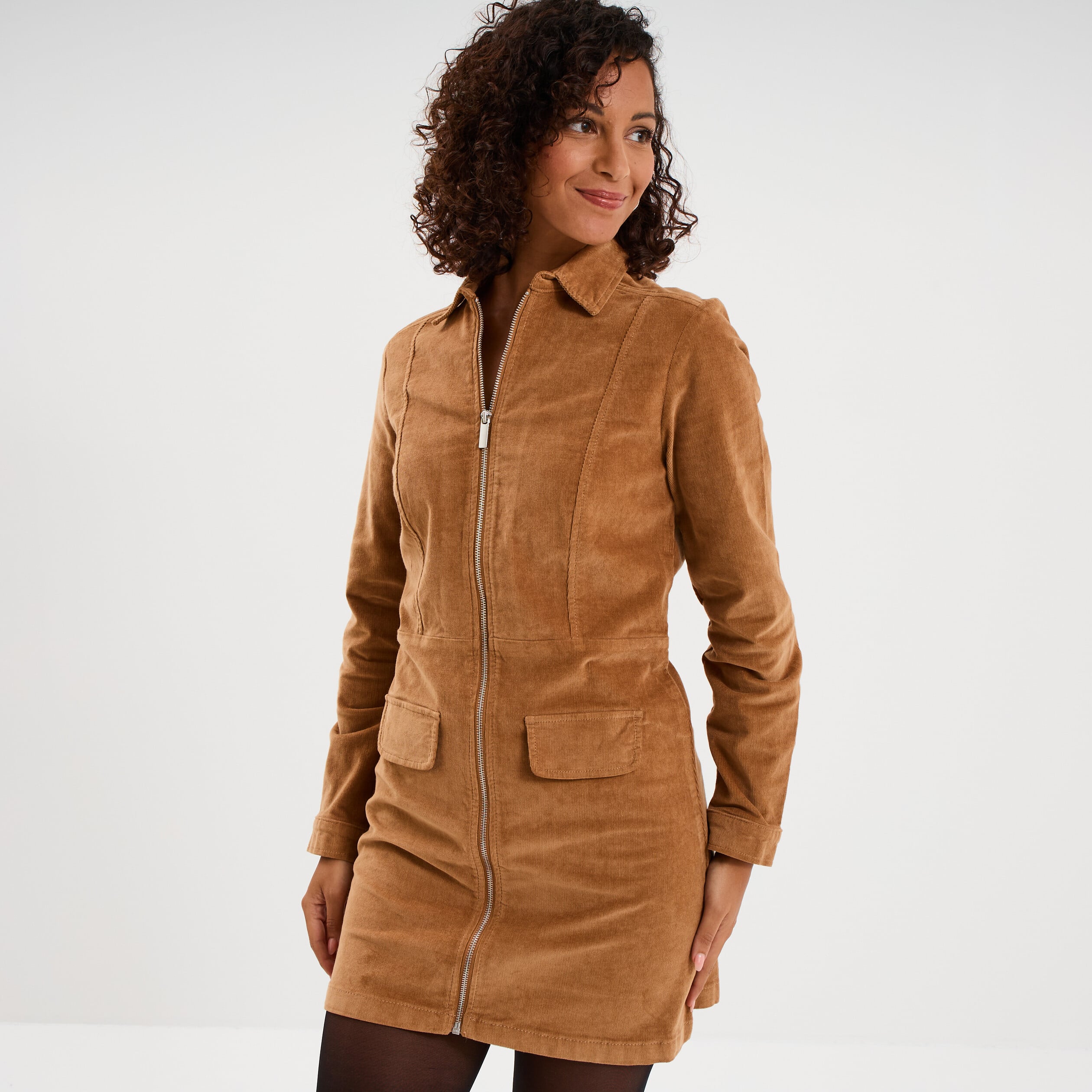 Robe ajustée zippée velours côtelé beige femme | La Halle