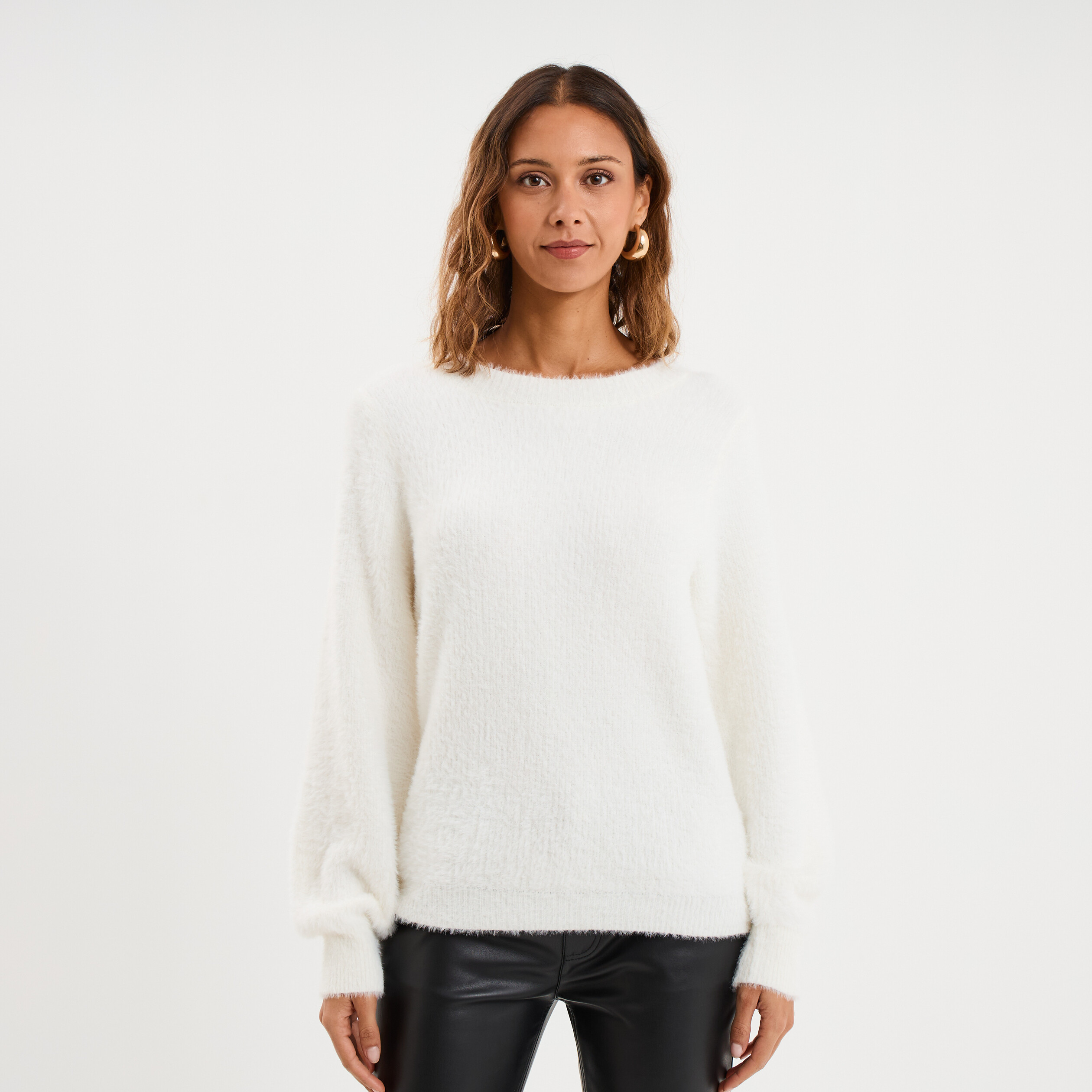 Pull doux col rond manches longues blanc femme | La Halle
