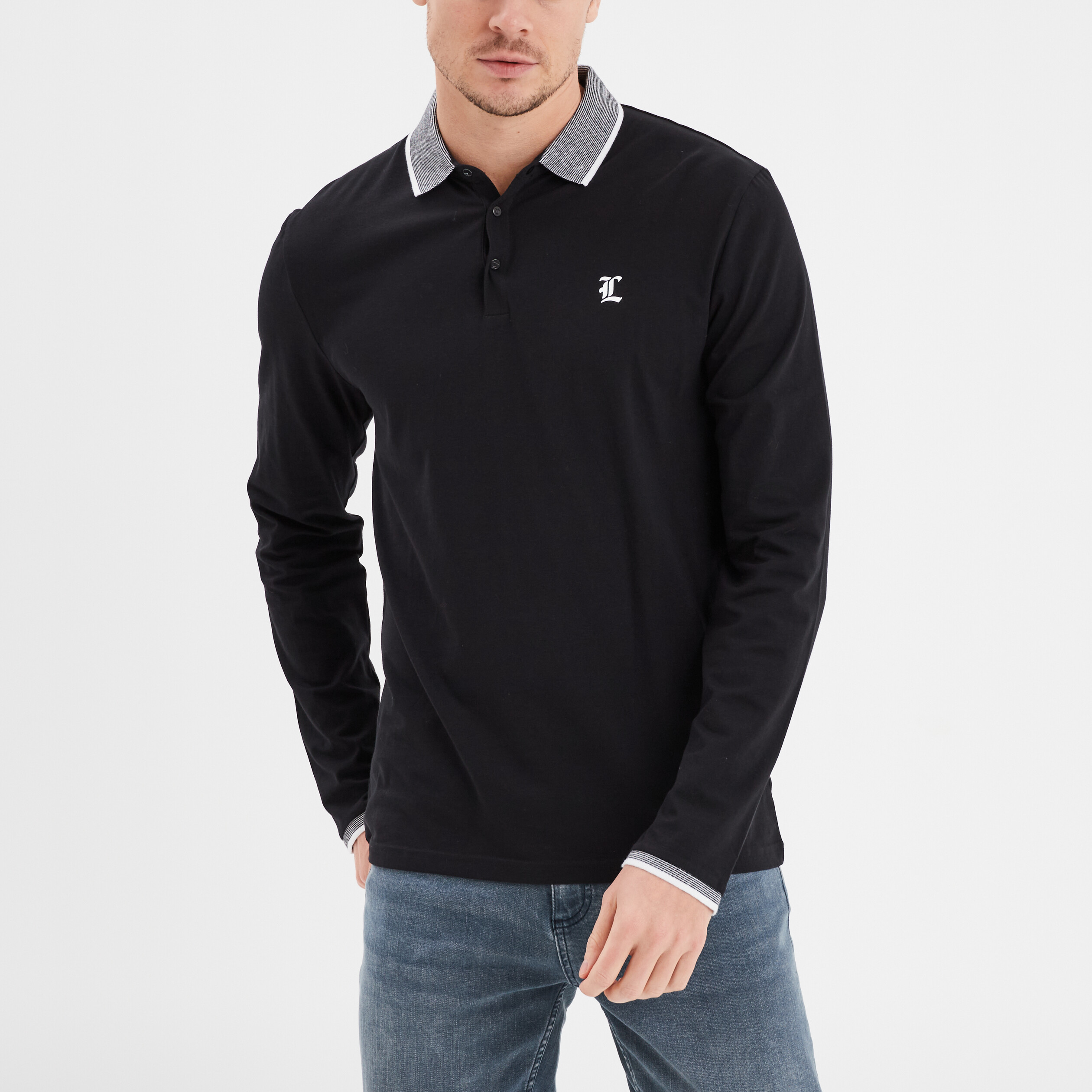 Polo manches longues coton Liberto noir homme | La Halle