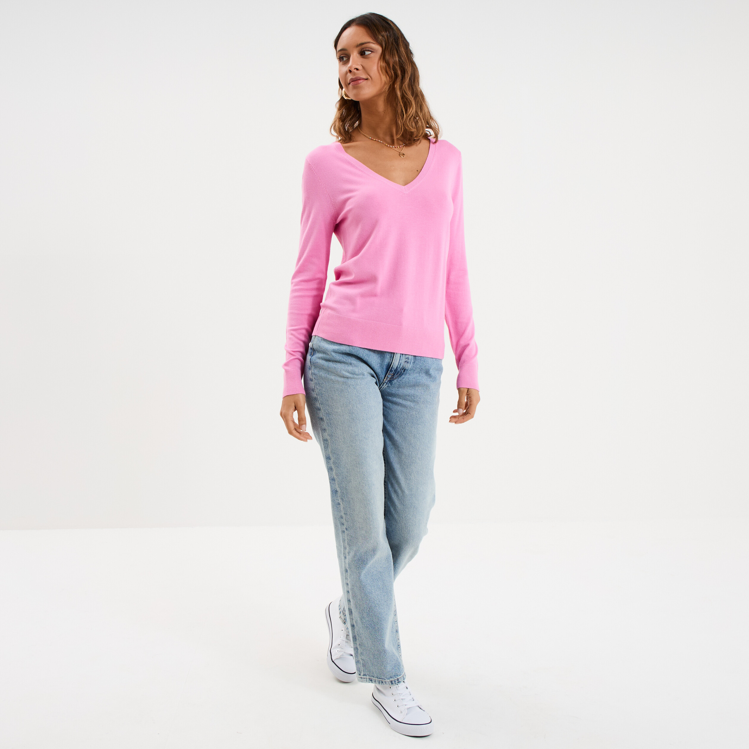 Pull col en V manches longues rose femme | La Halle