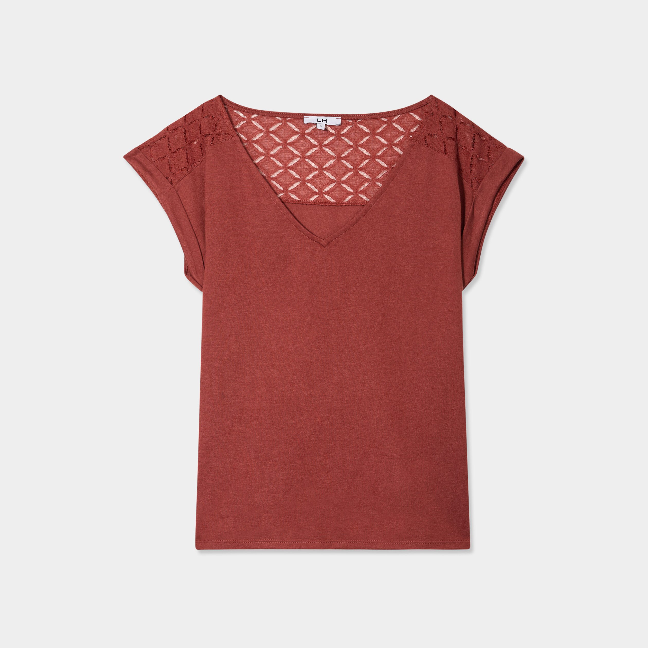 T-shirt col en V ajouré épaules et dos marron cognac femme | La Halle
