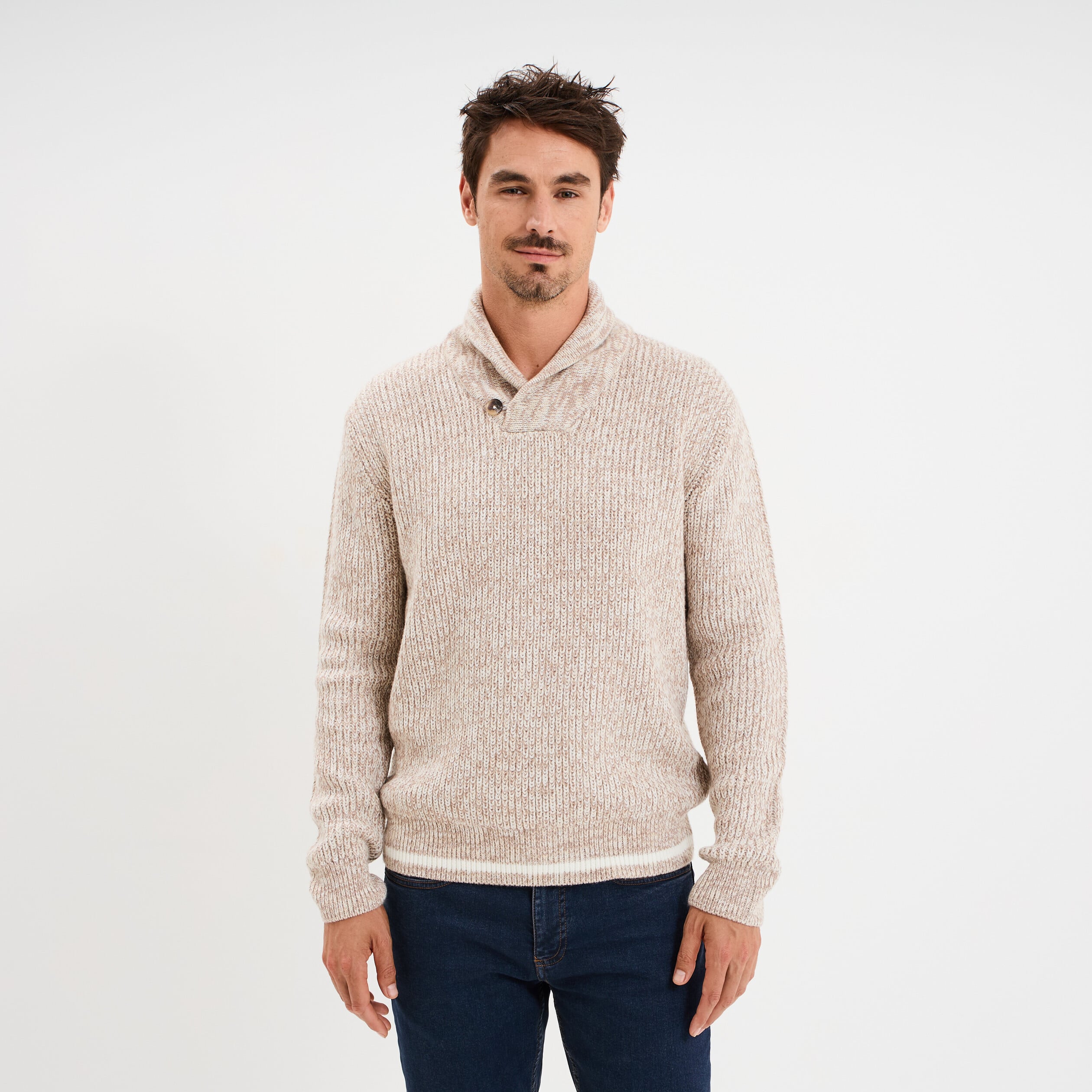 Pull col châle manches longues ivoire homme | La Halle