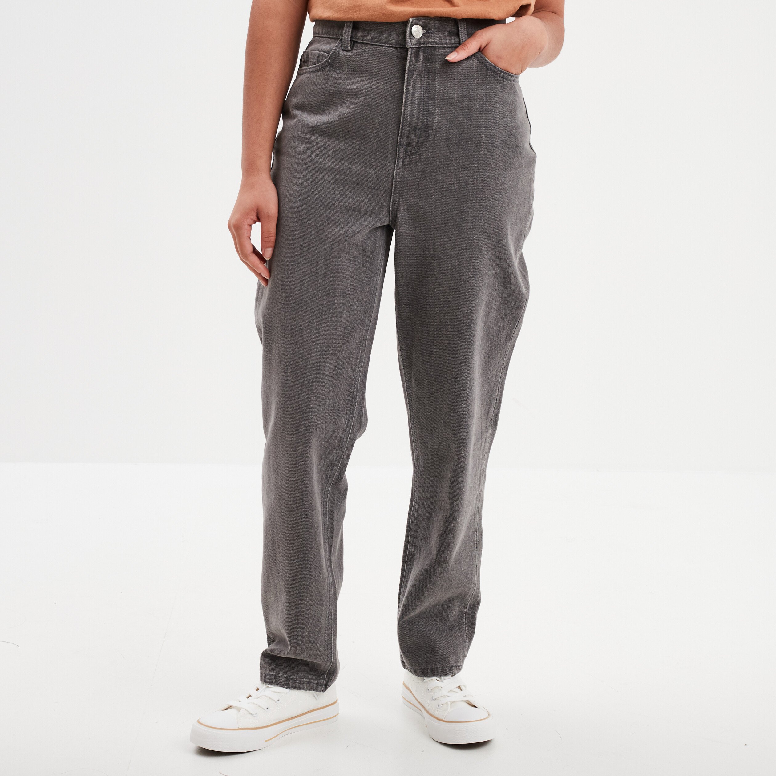 Jeans mom 7/8ème taille haute denim gris femme | La Halle