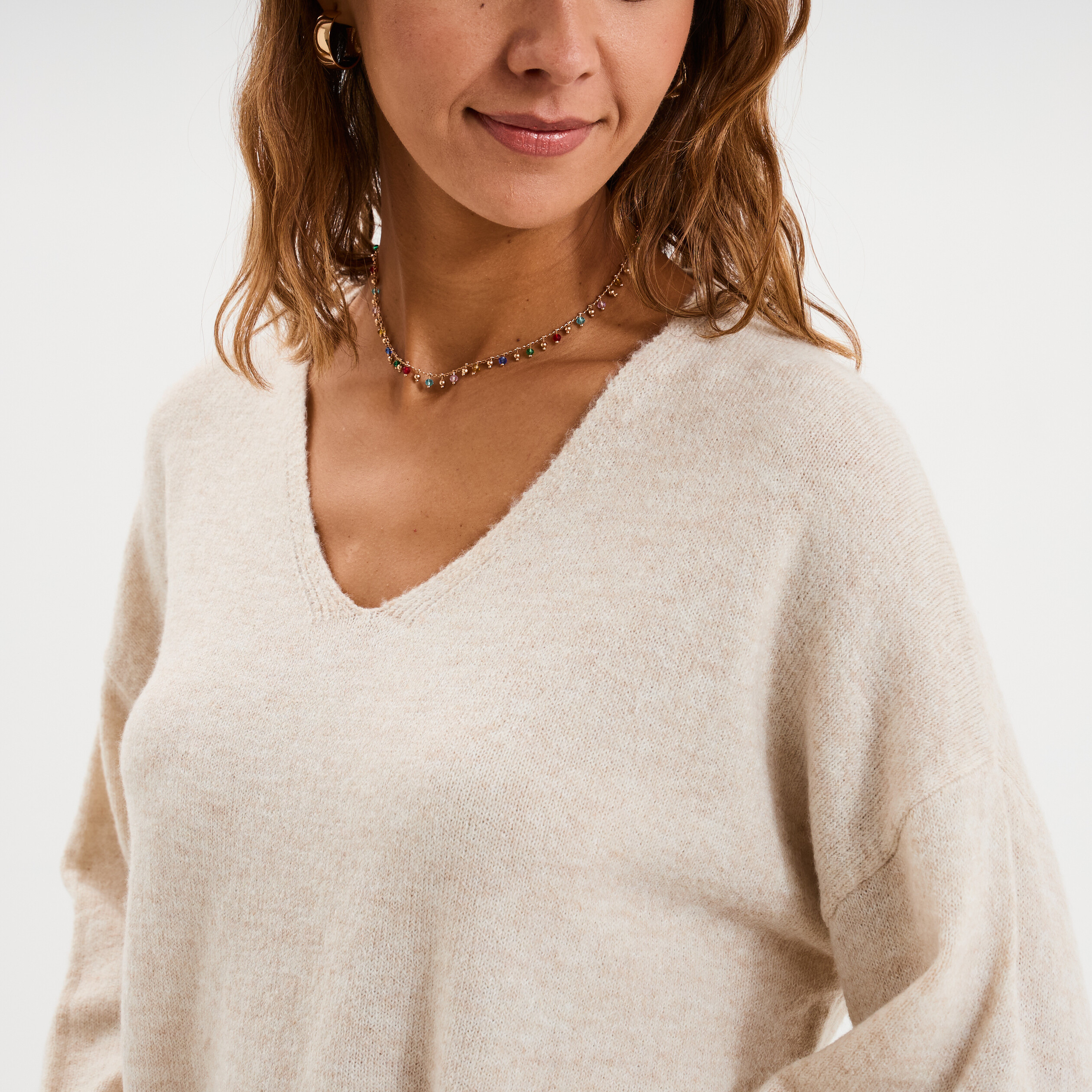 Pull col en V manches longues ecru femme | La Halle