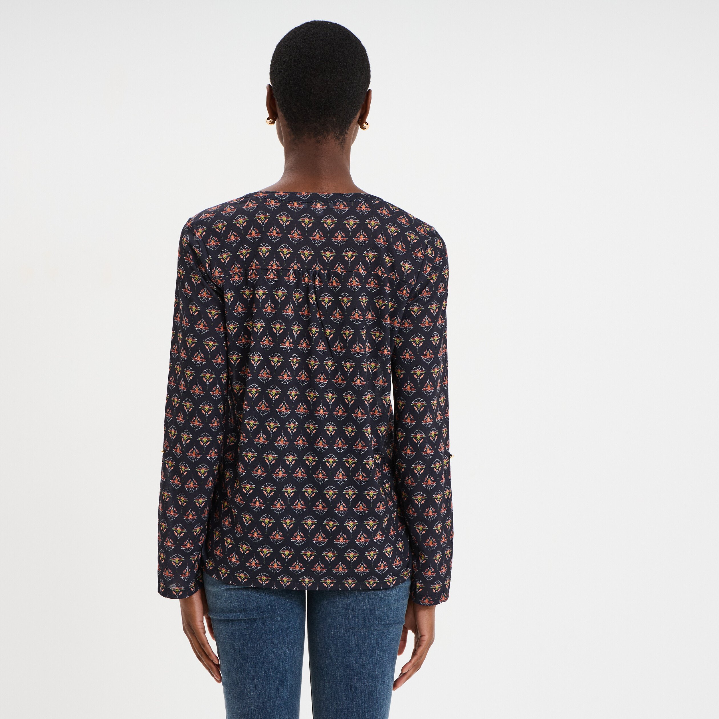 T-shirt col mao manches retroussables bleu marine femme | La Halle