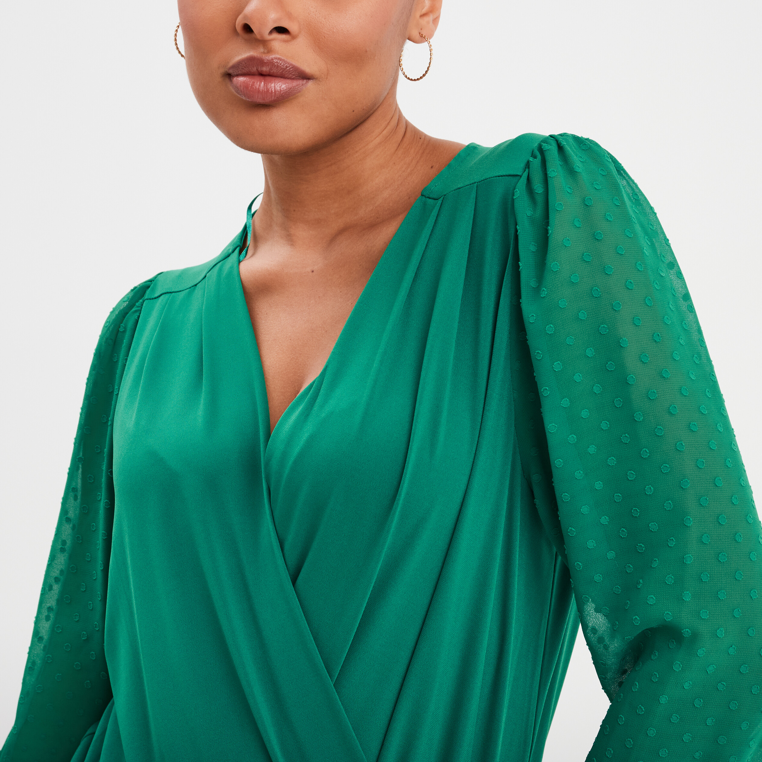 T-shirt col cache-coeur bi-matière vert femme | La Halle