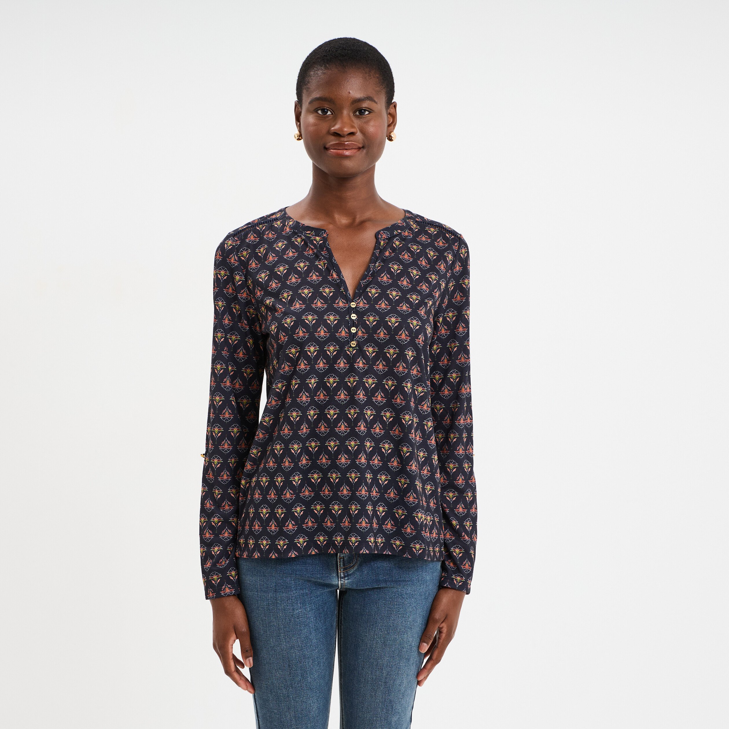 T-shirt col mao manches retroussables bleu marine femme | La Halle