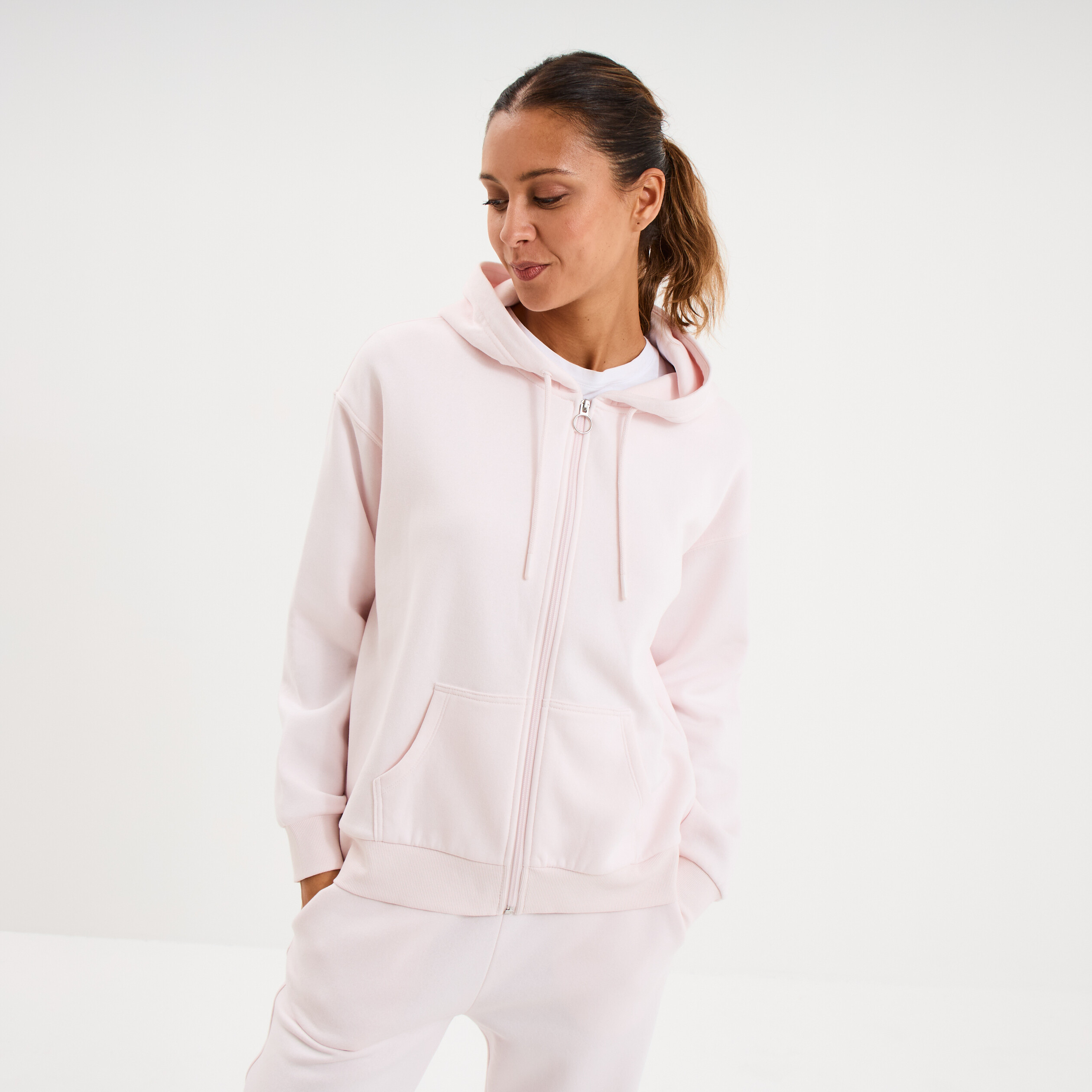 Sweat zippé à capuche molleton rose clair femme | La Halle