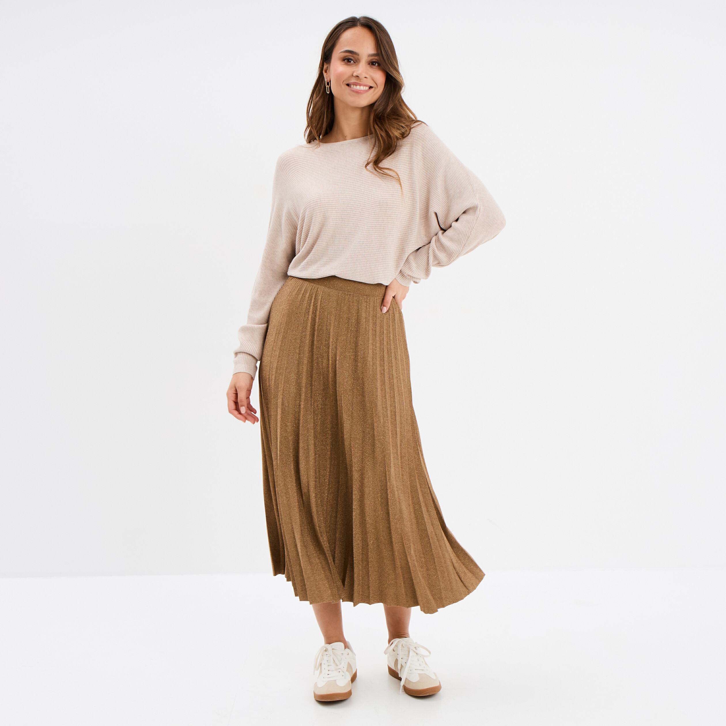Jupe longue plissée en maille jaune or femme | La Halle