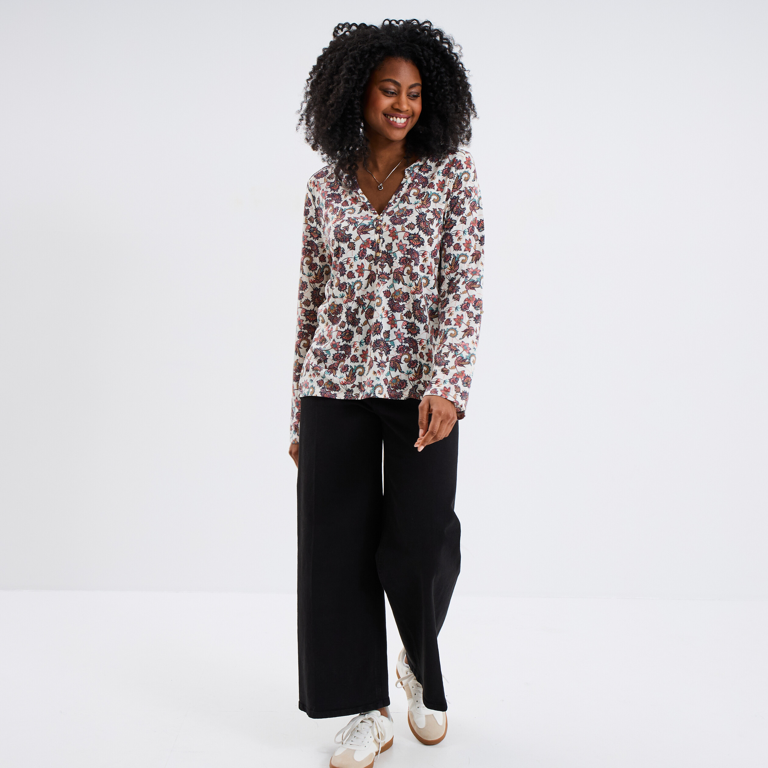 T-shirt col mao manches retroussables ecru femme | La Halle