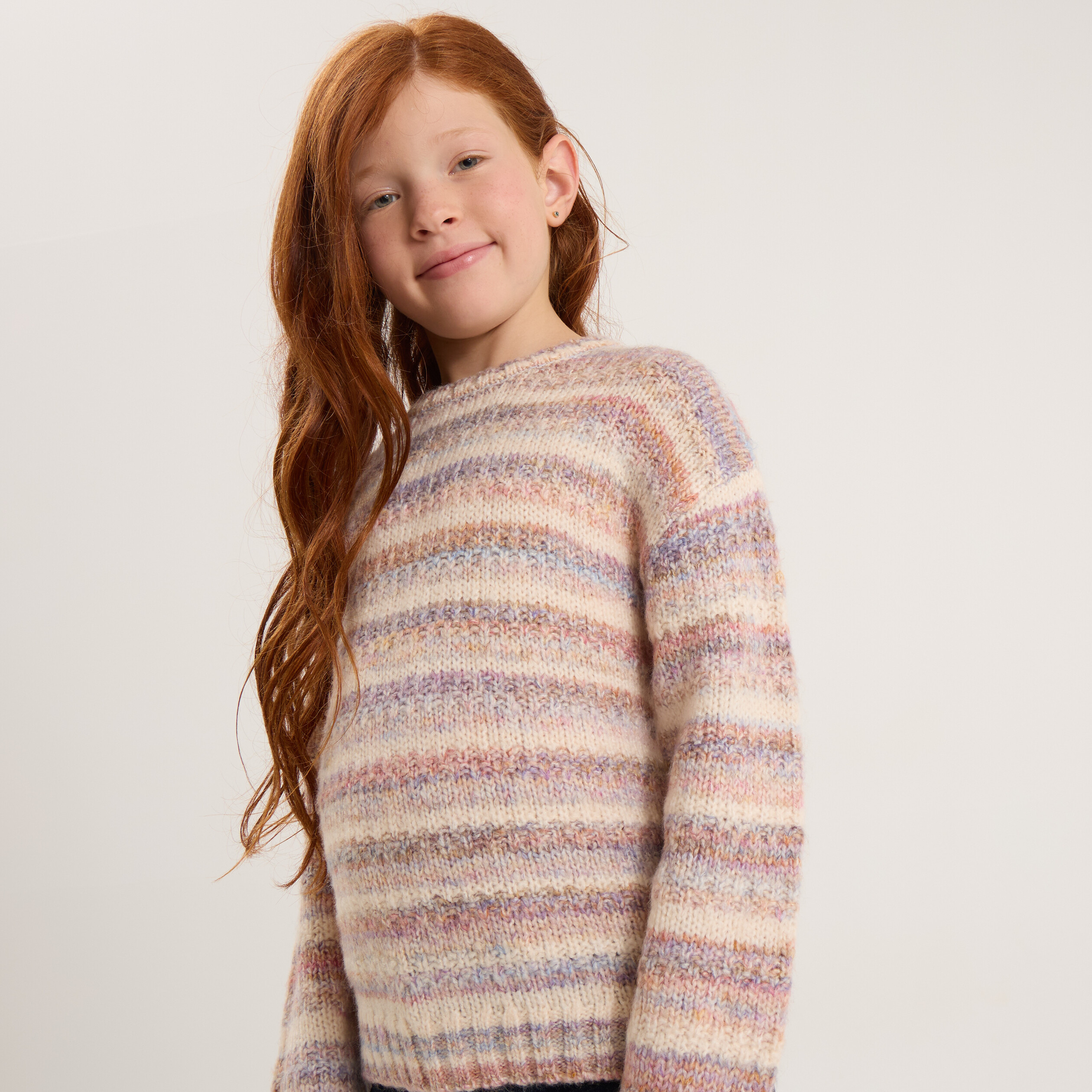 Pull col rond droit manches longues multicolore fille | La Halle