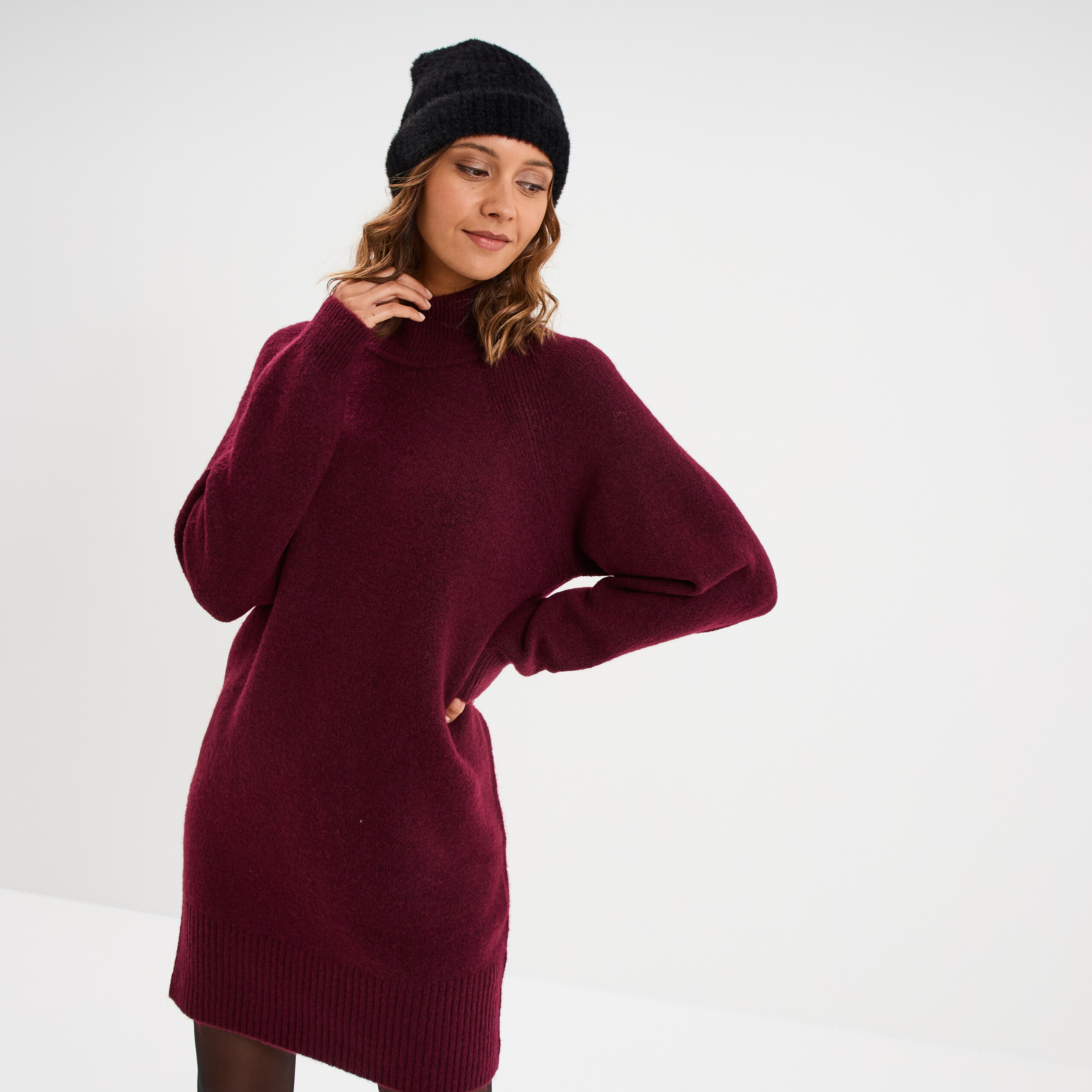 Robe pull col montant manches longues bordeaux femme | La Halle