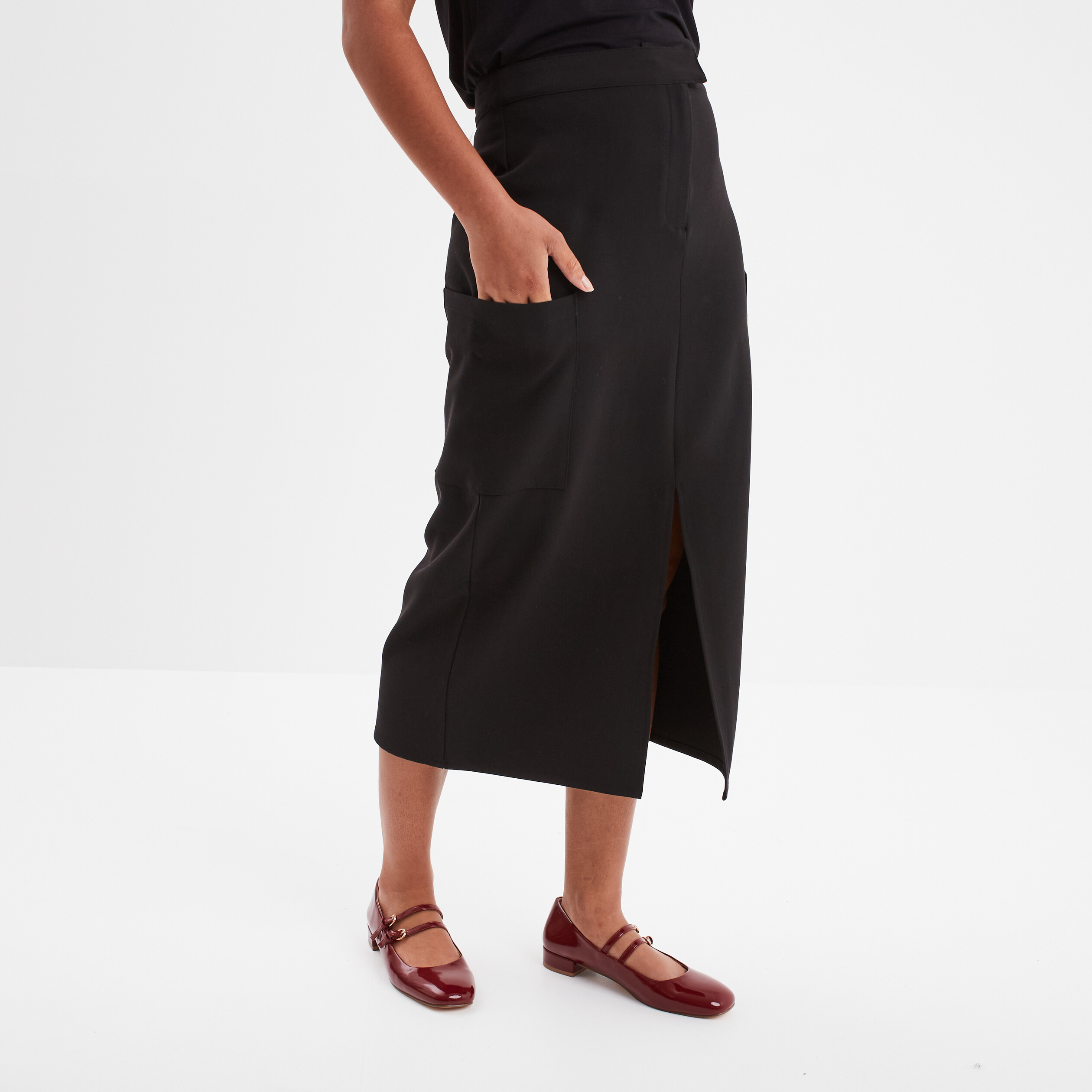 Jupe midi fendue poches plaquées côtés noir femme | La Halle