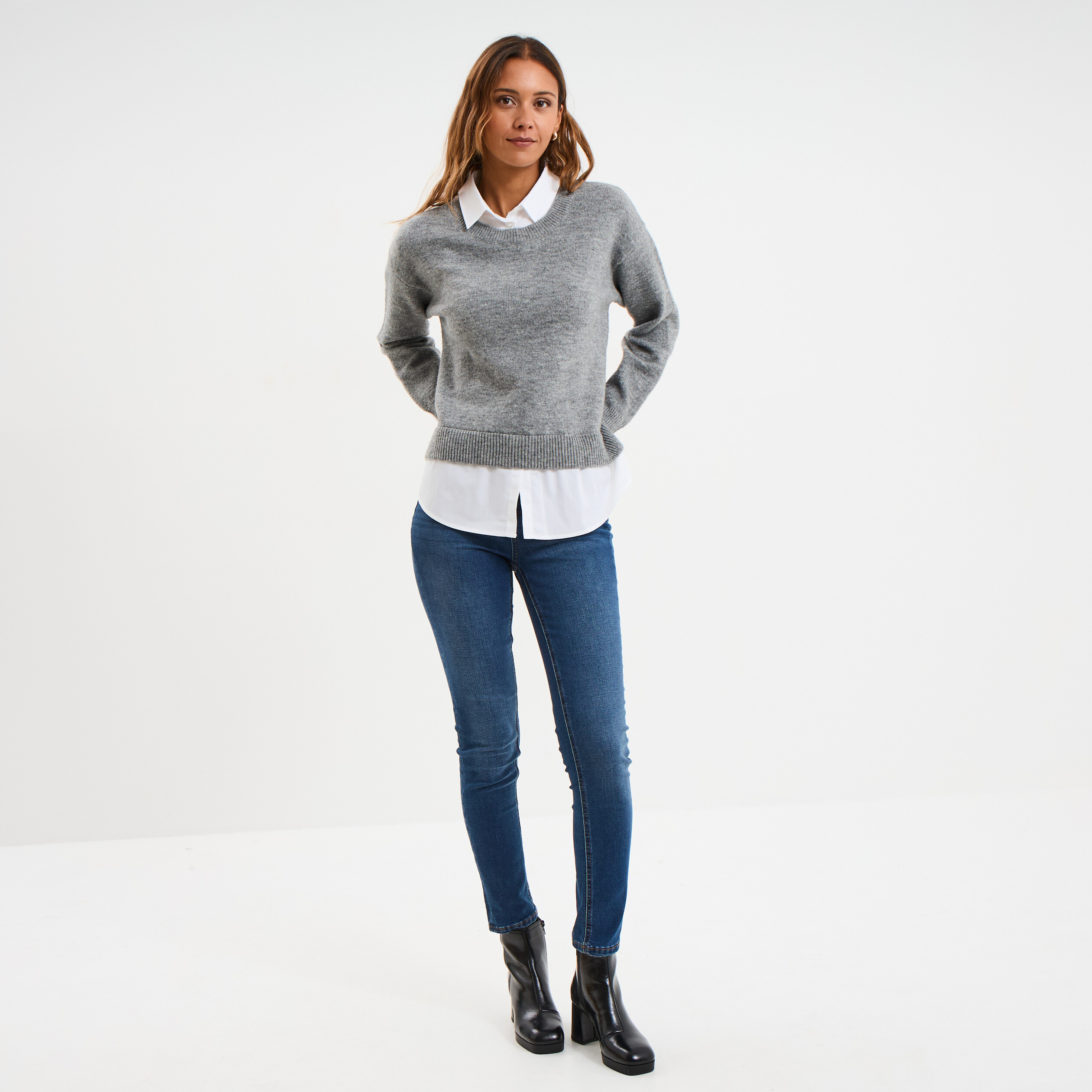 Pull effet 2-en-1 chemise gris clair femme | La Halle
