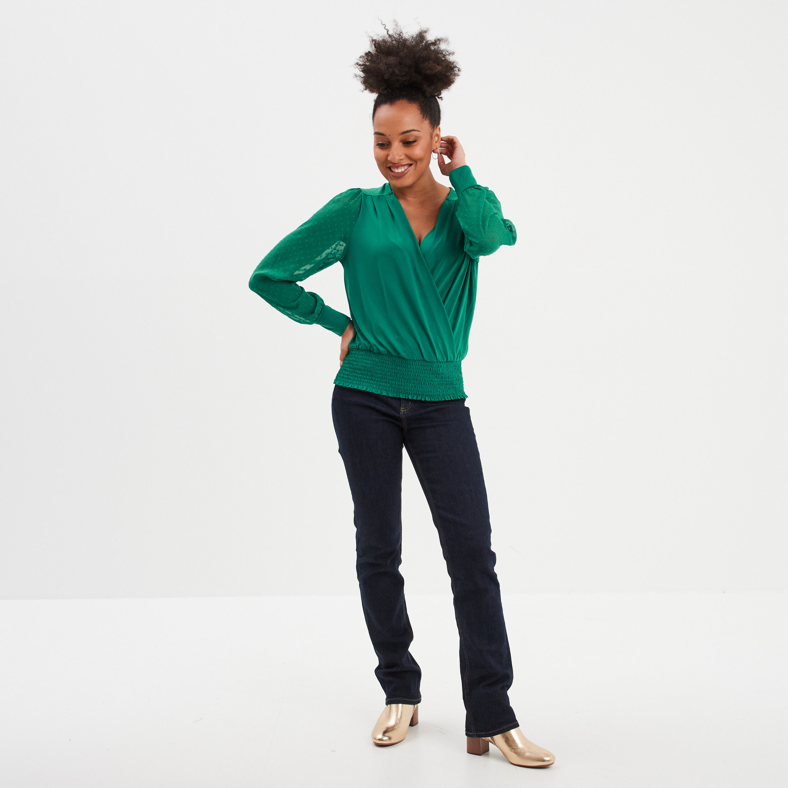 T-shirt col cache-coeur bi-matière vert femme | La Halle