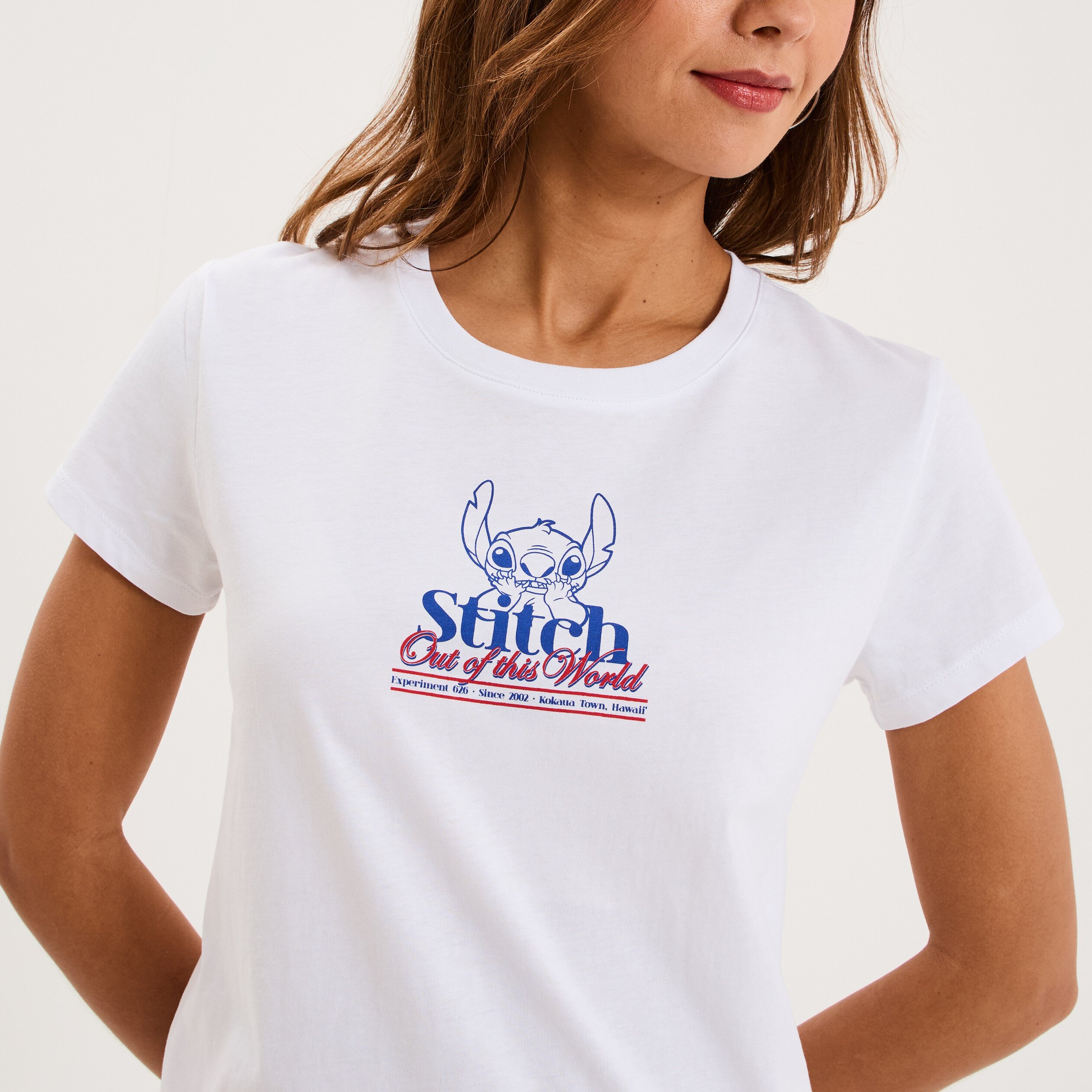 T-shirt manches courtes coton Stitch blanc femme | La Halle