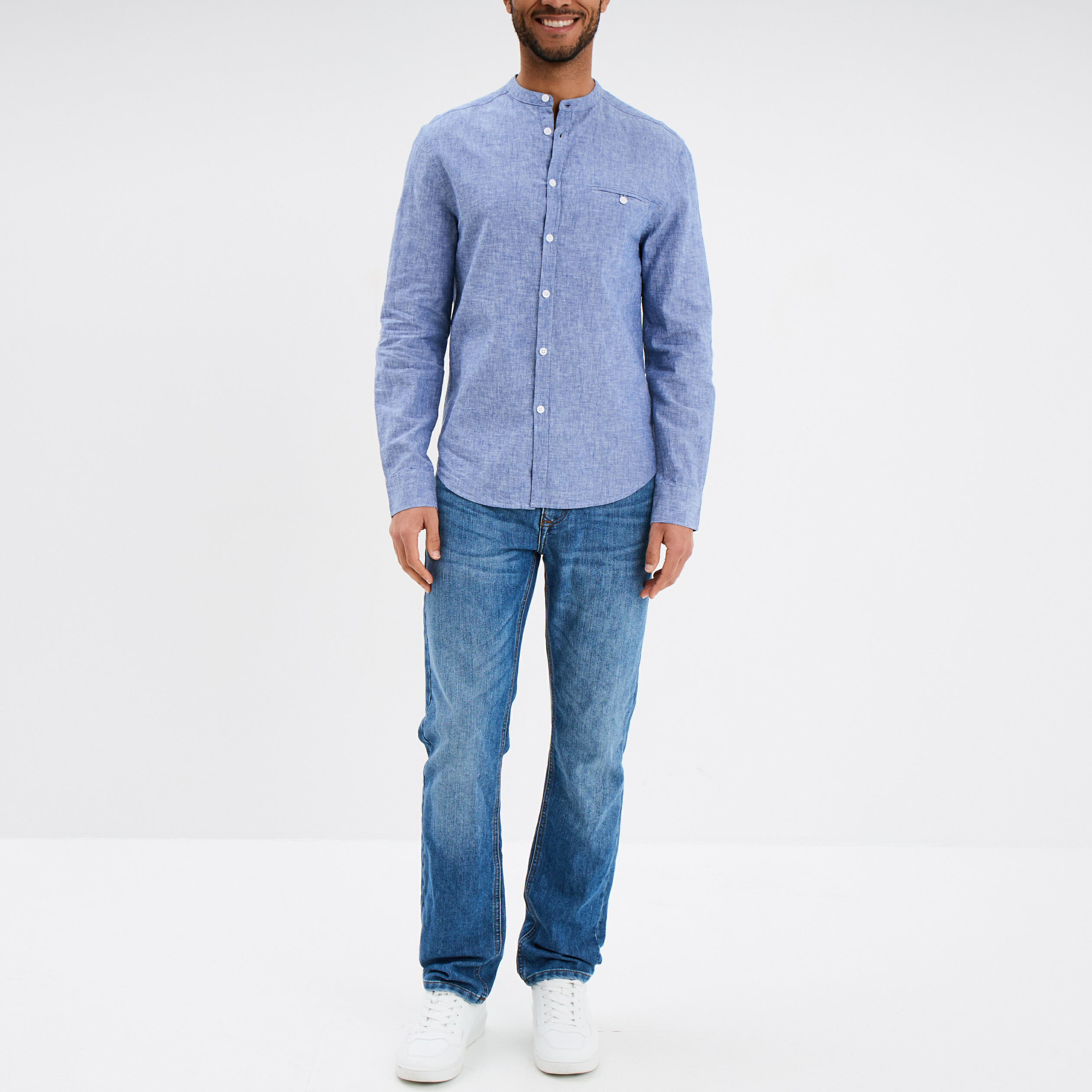 Chemise col mao lin mélangé bleu homme | La Halle