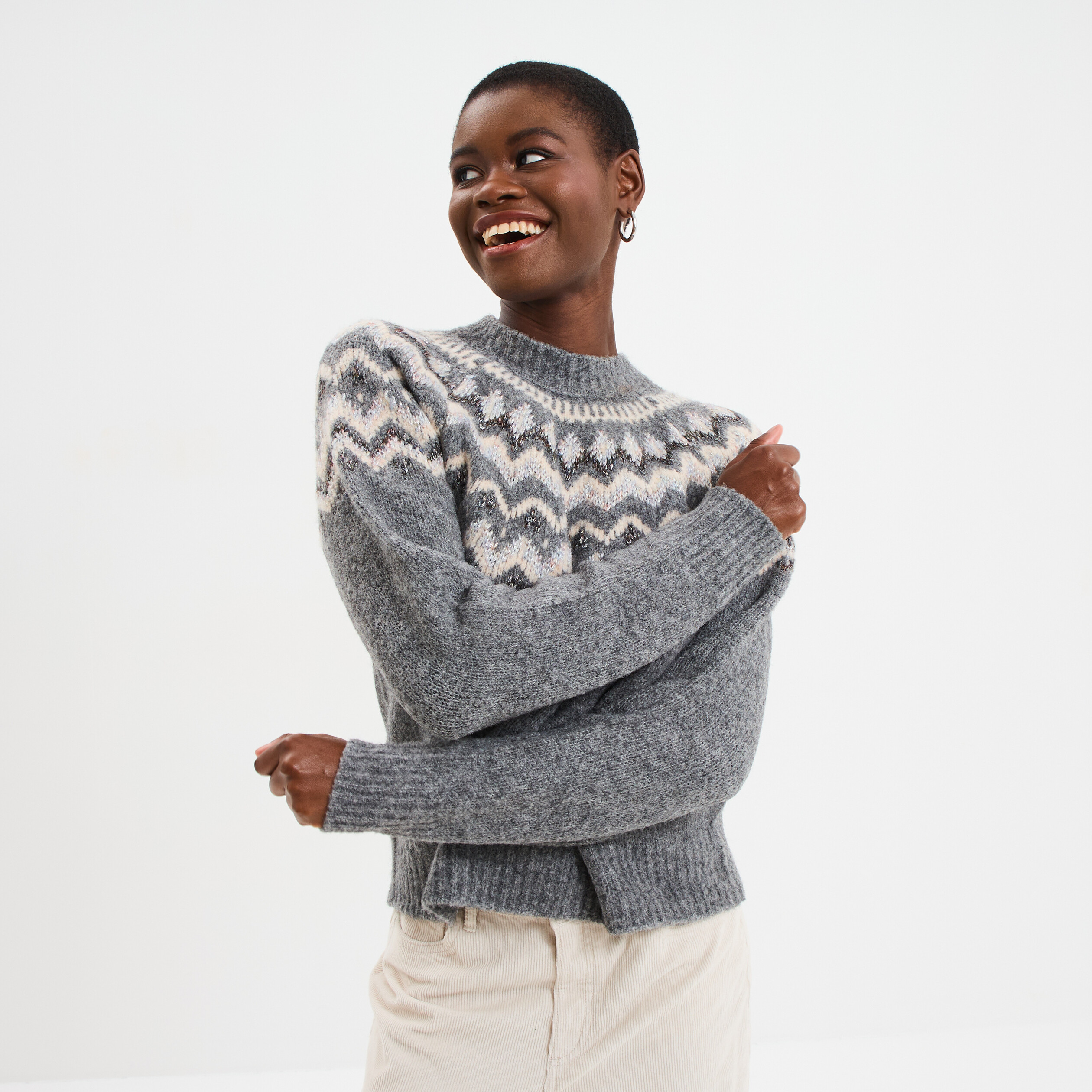 Pull col rond jacquard manches longues gris clair femme | La Halle