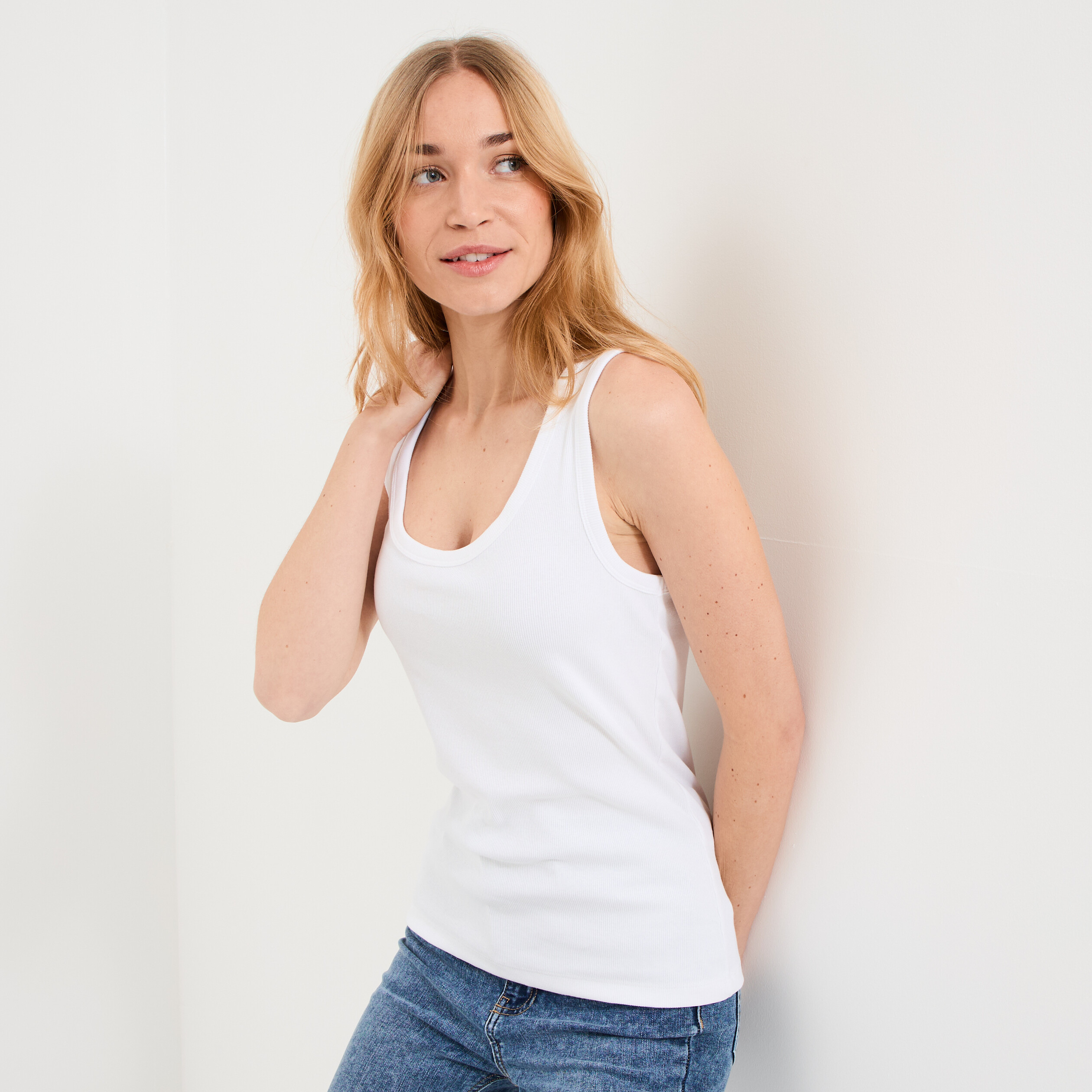 Débardeur ajusté col rond coton blanc femme | La Halle