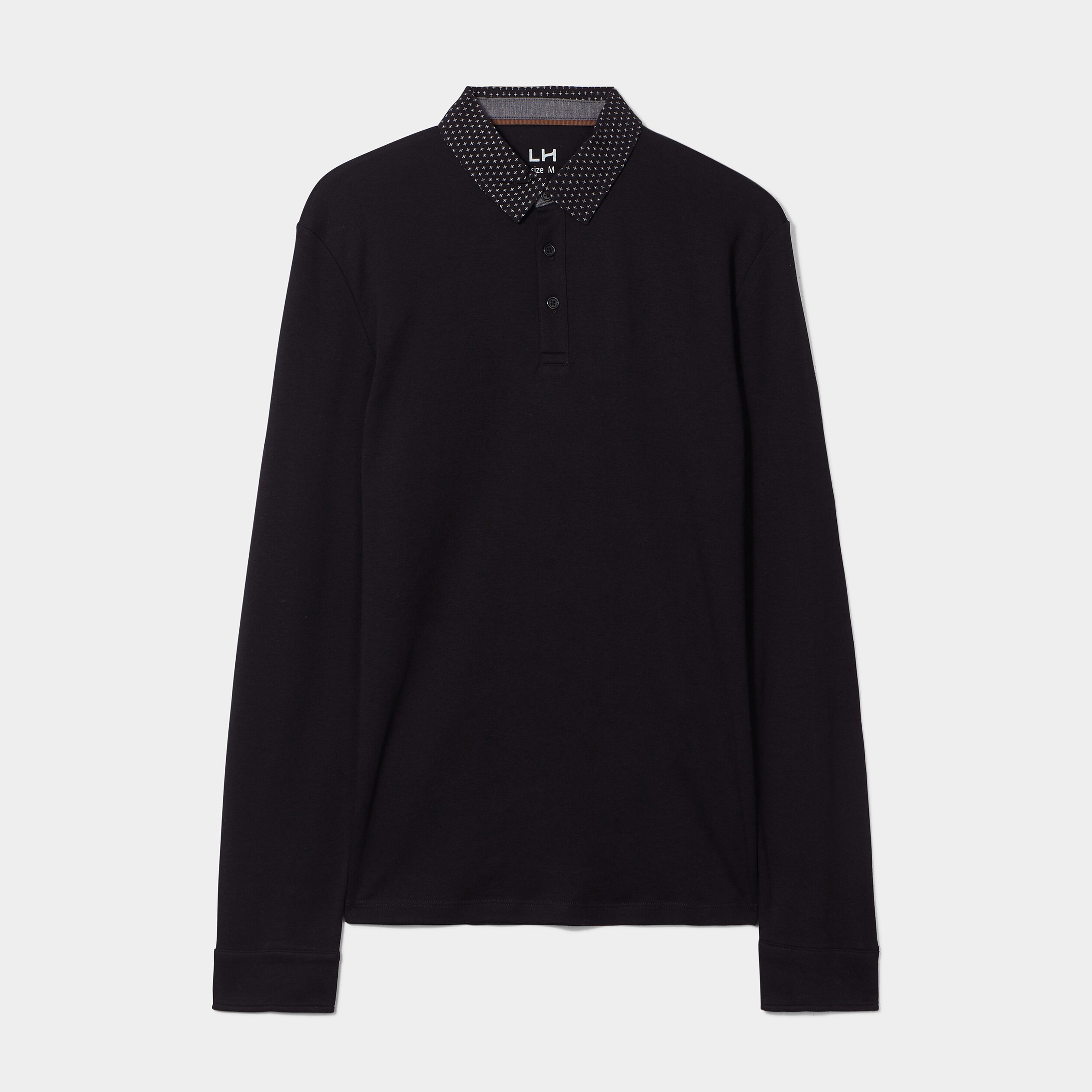 Polo col boutonné manches longues coton noir homme | La Halle