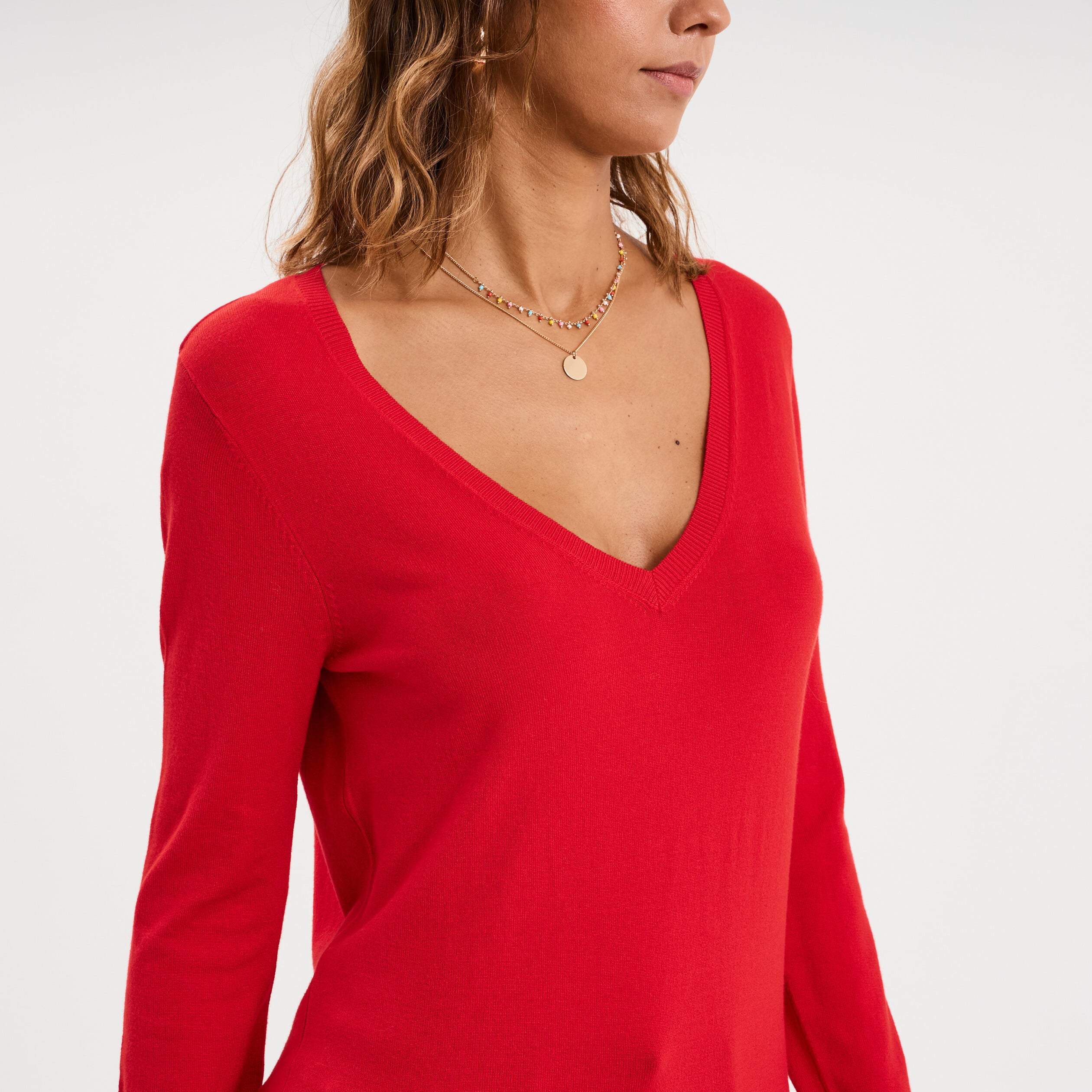Pull col en V manches longues rouge femme | La Halle