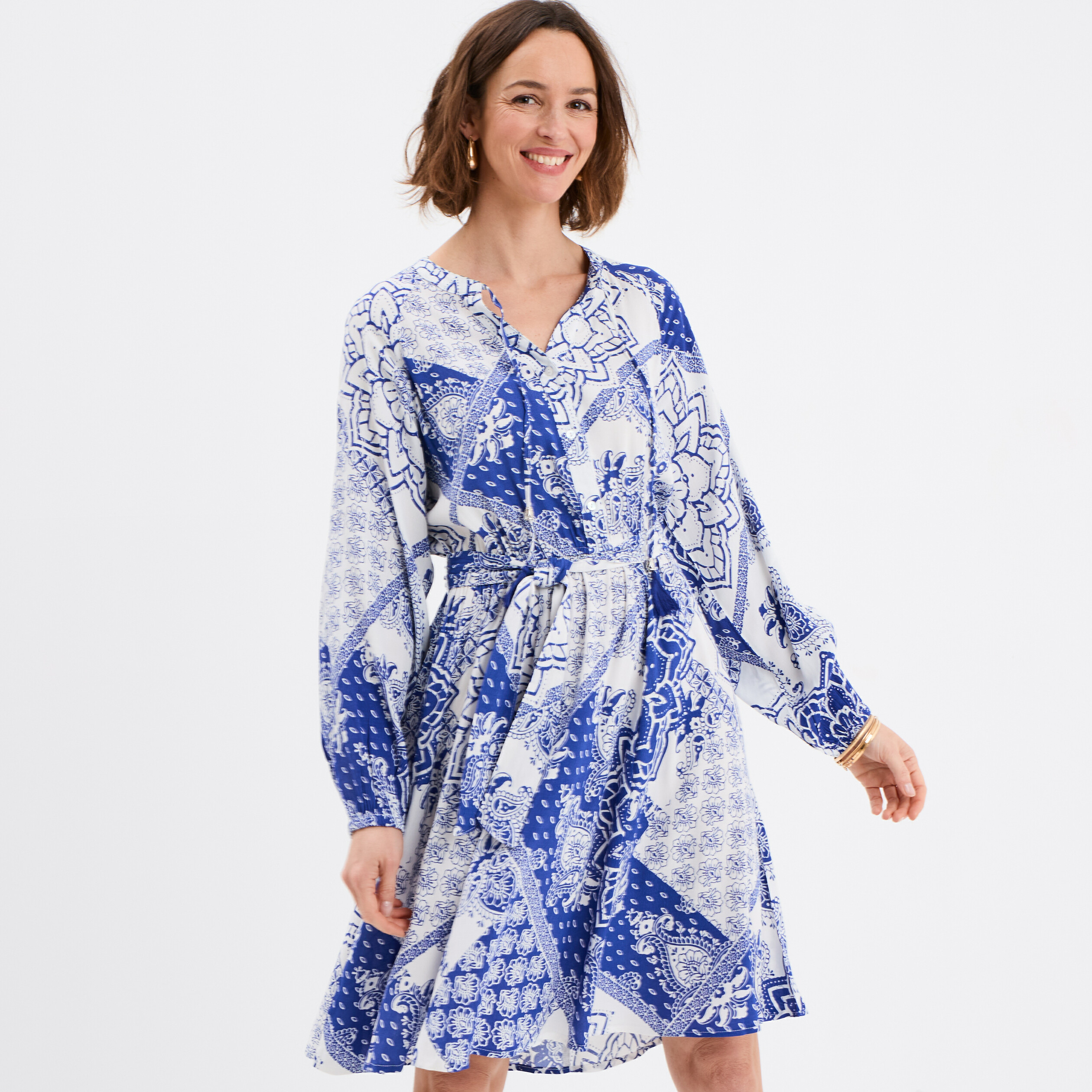 Robe Fluide Manches Longues Ceintur e Bleu Femme La Halle