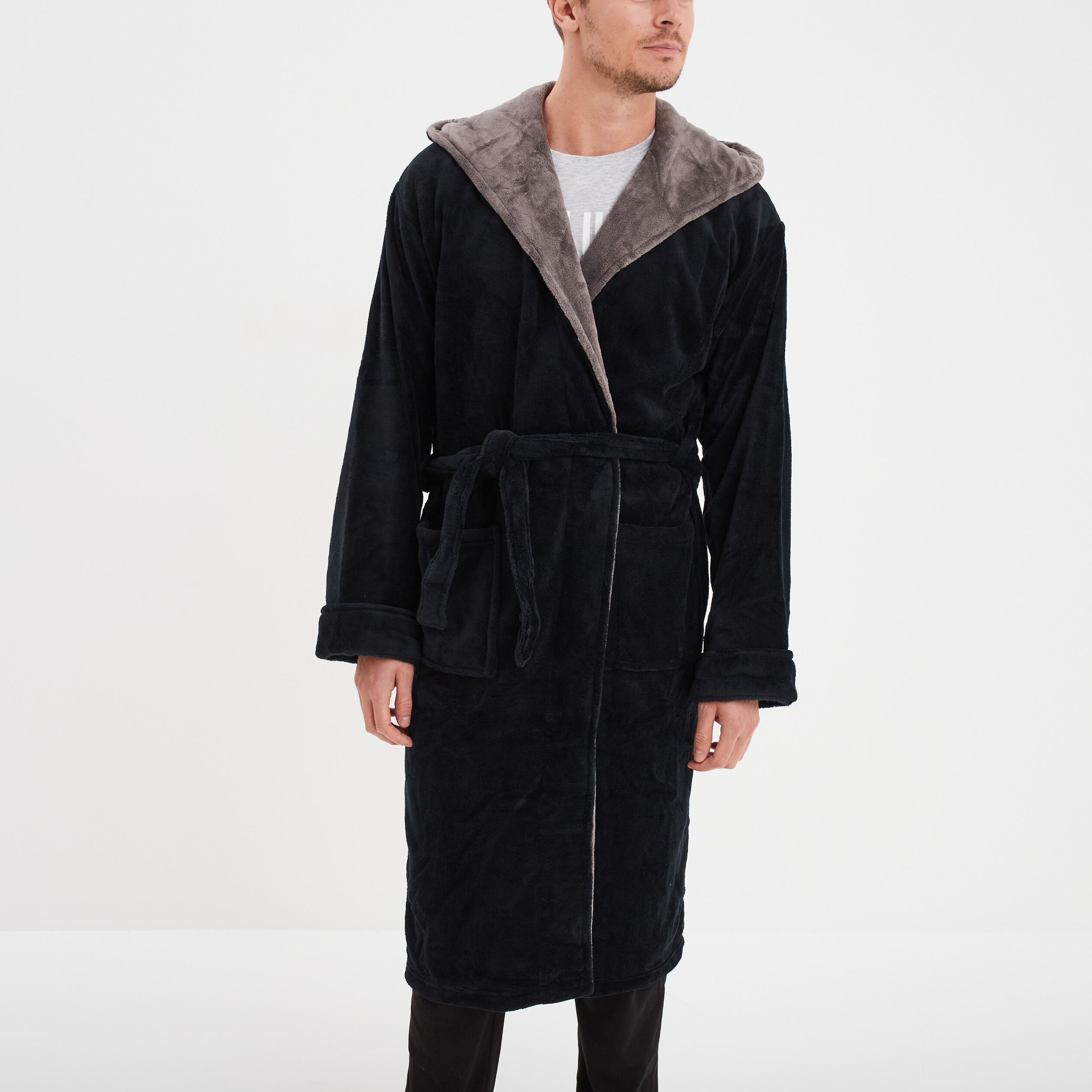 Peignoir long col châle noir homme | La Halle