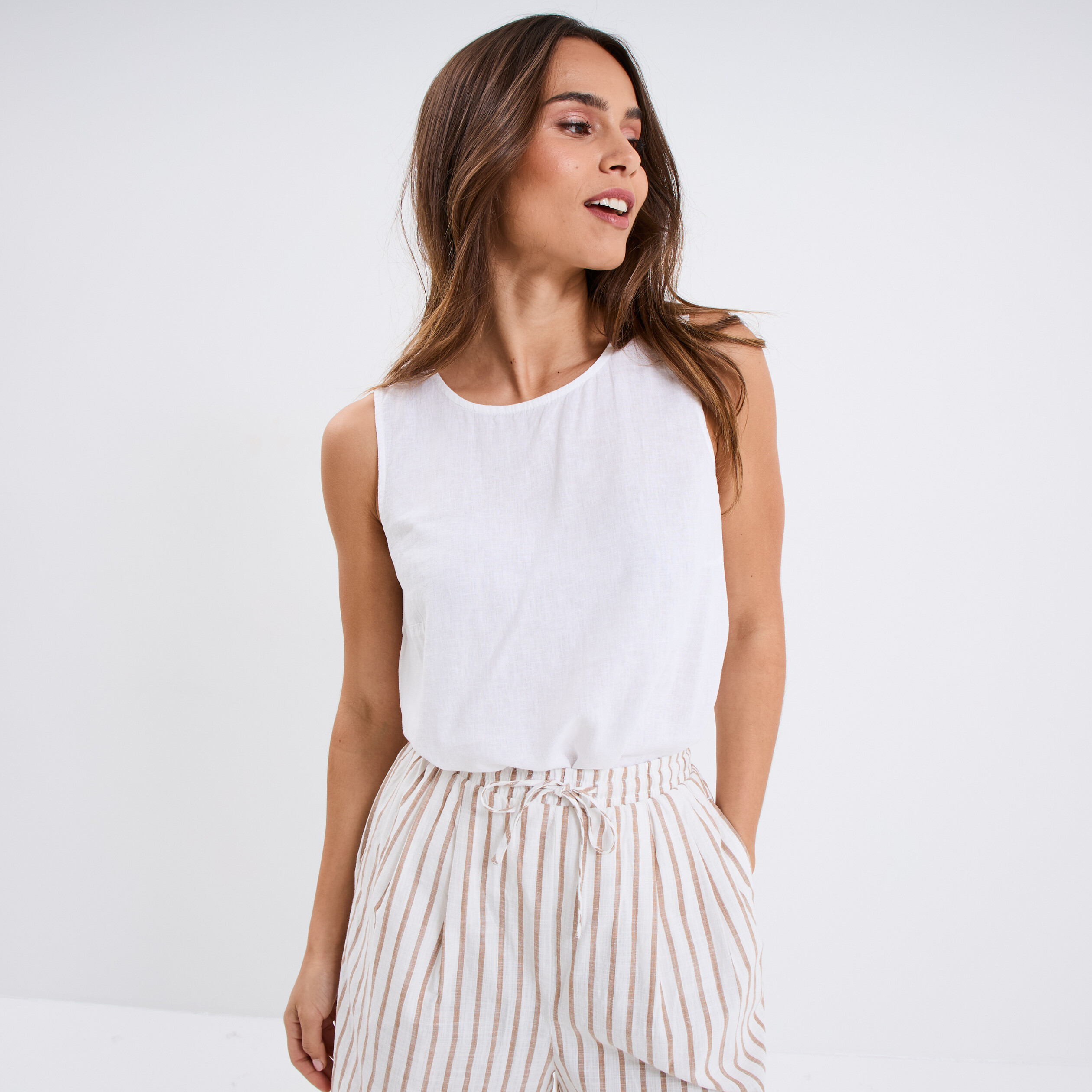 Blouse sans manches lin mélangé blanc femme | La Halle