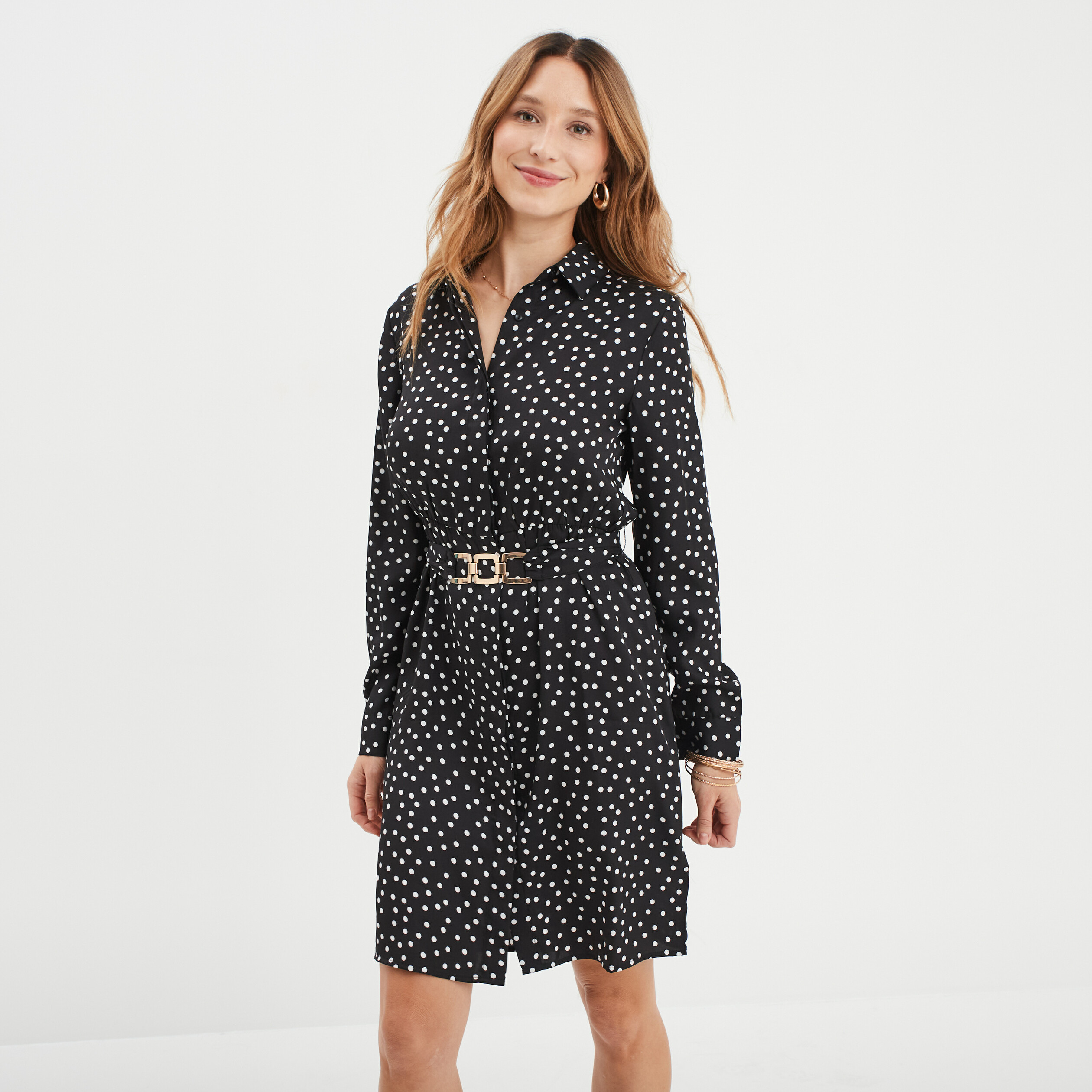 Robe chemise effet satin avec boucles noir femme | La Halle