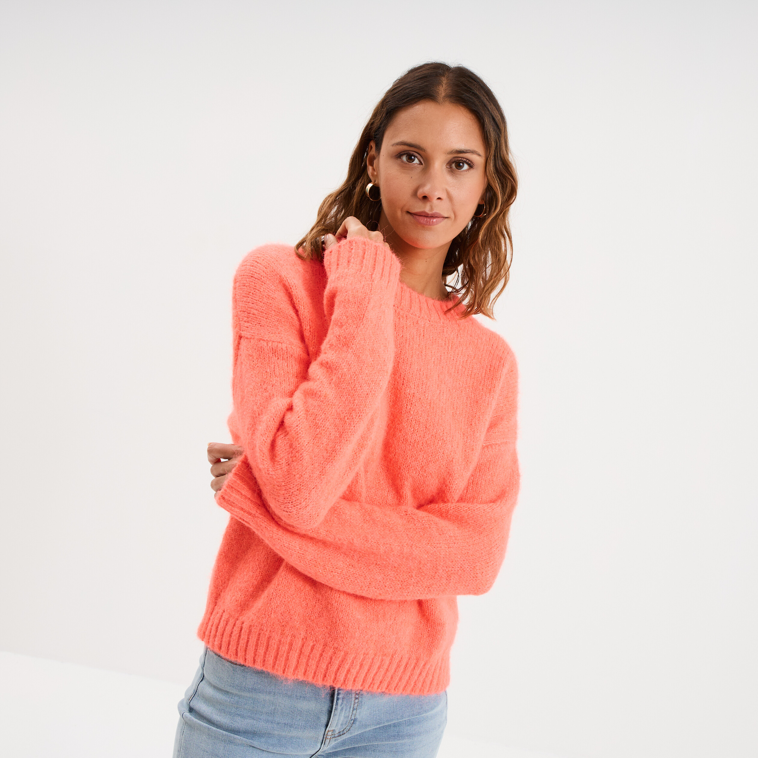 Pull col rond manches longues rose fluo femme | La Halle