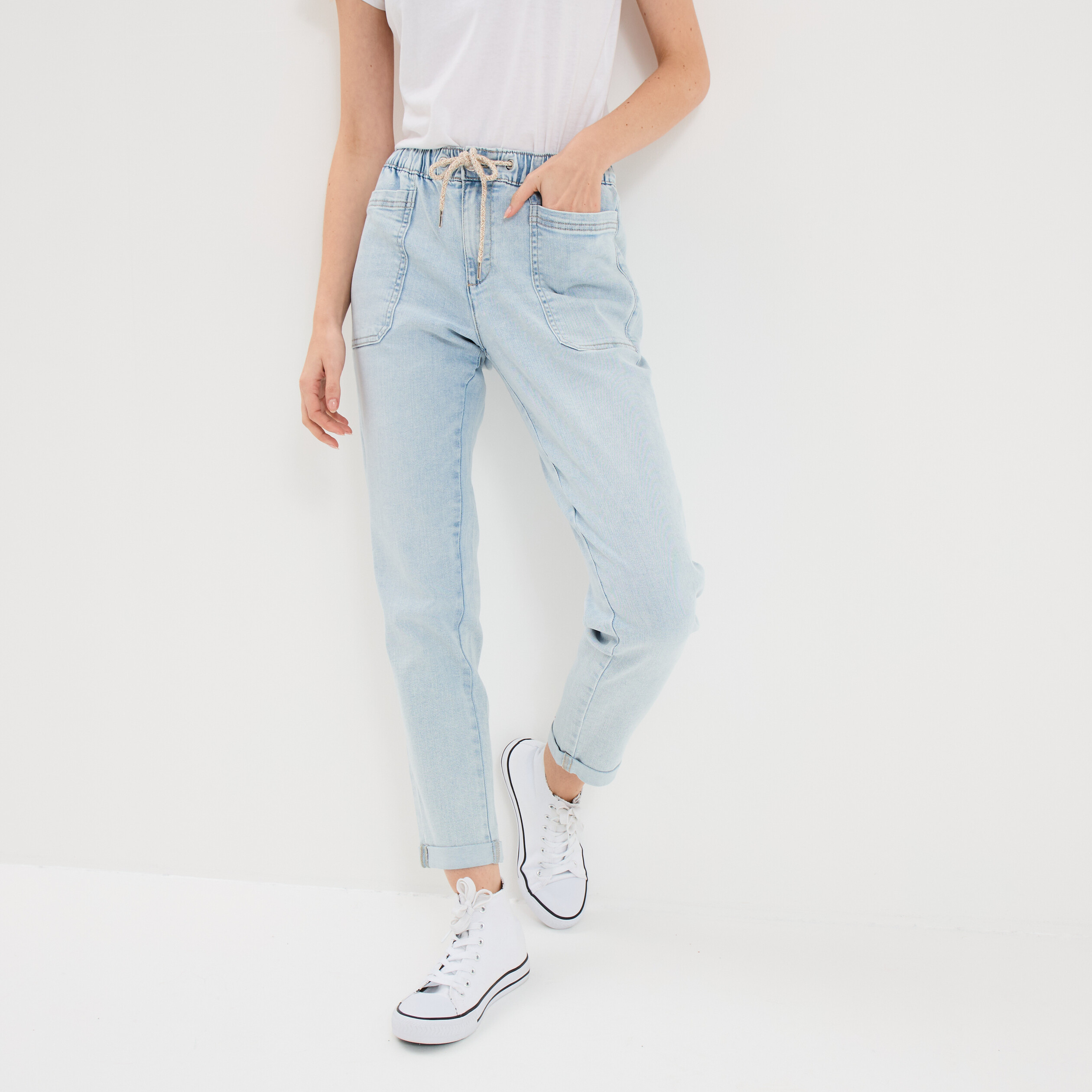 Jeans droit cropped taille élastiquée denim triple stone femme | La Halle