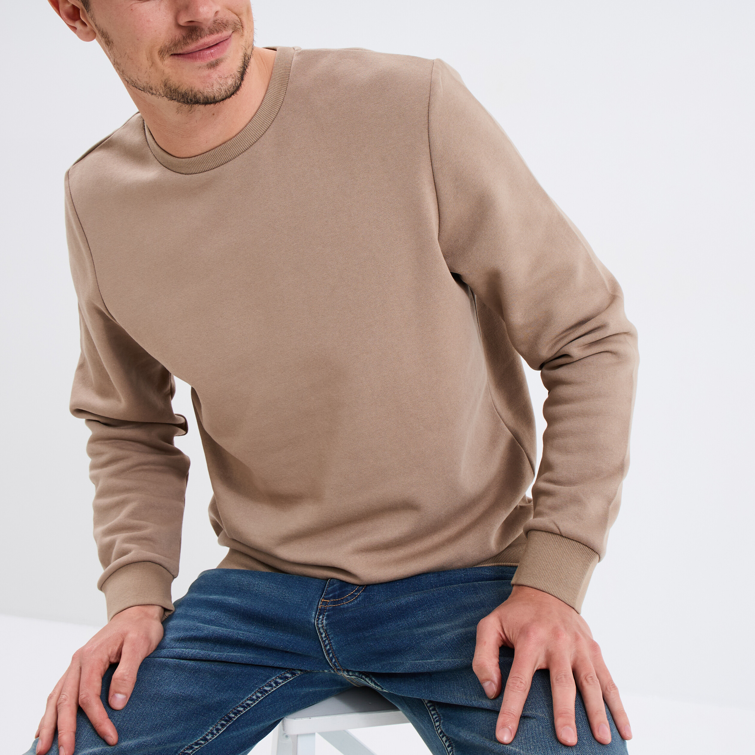 Sweat molleton col rond taupe homme | La Halle