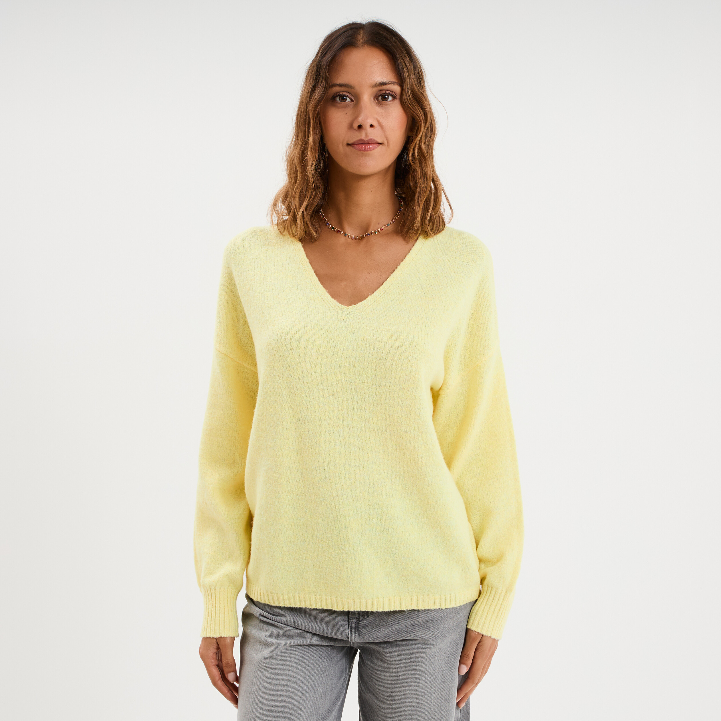 Pull col en V manches longues jaune clair femme | La Halle
