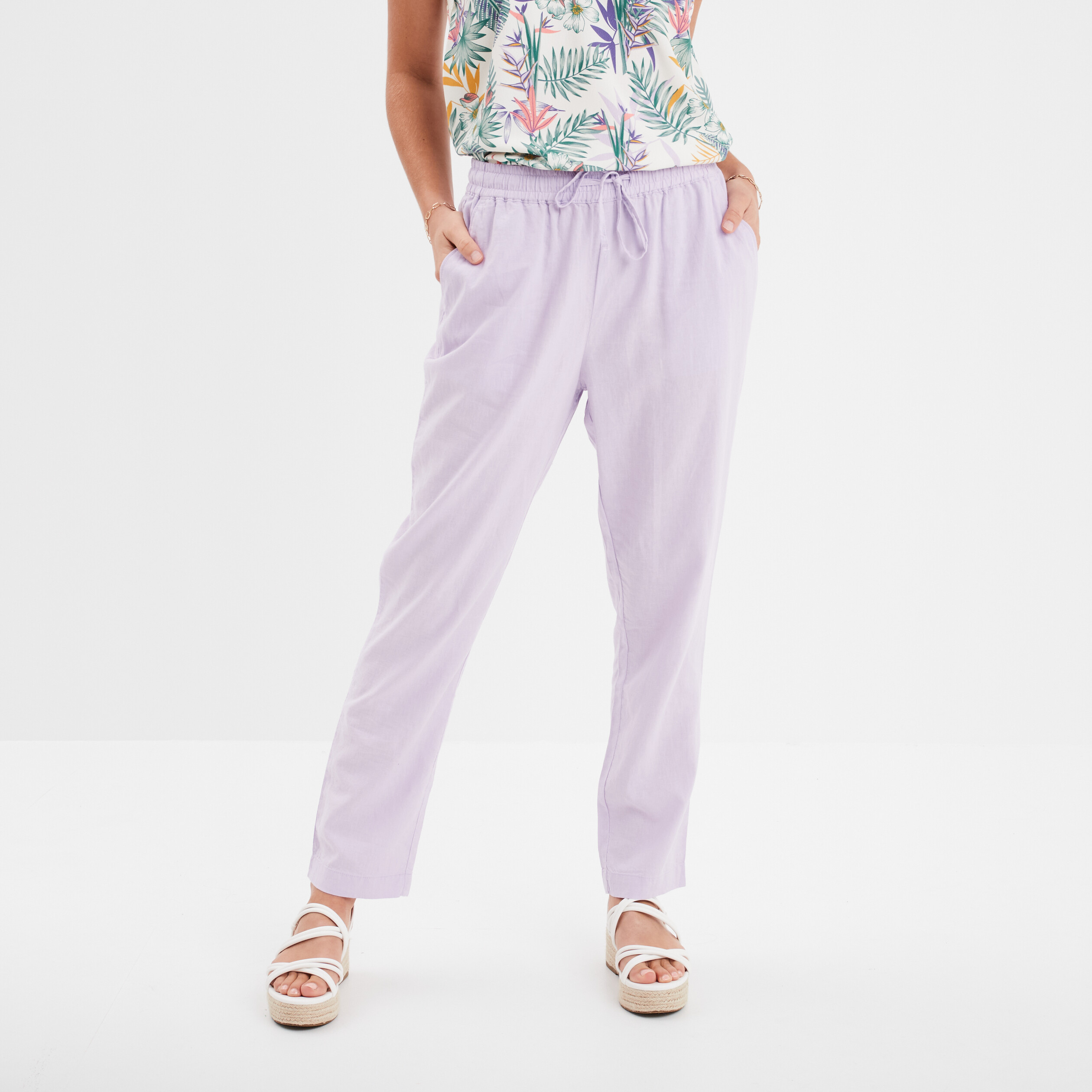 Pantalon droit 7/8ème lin mélangé violet clair femme | La Halle