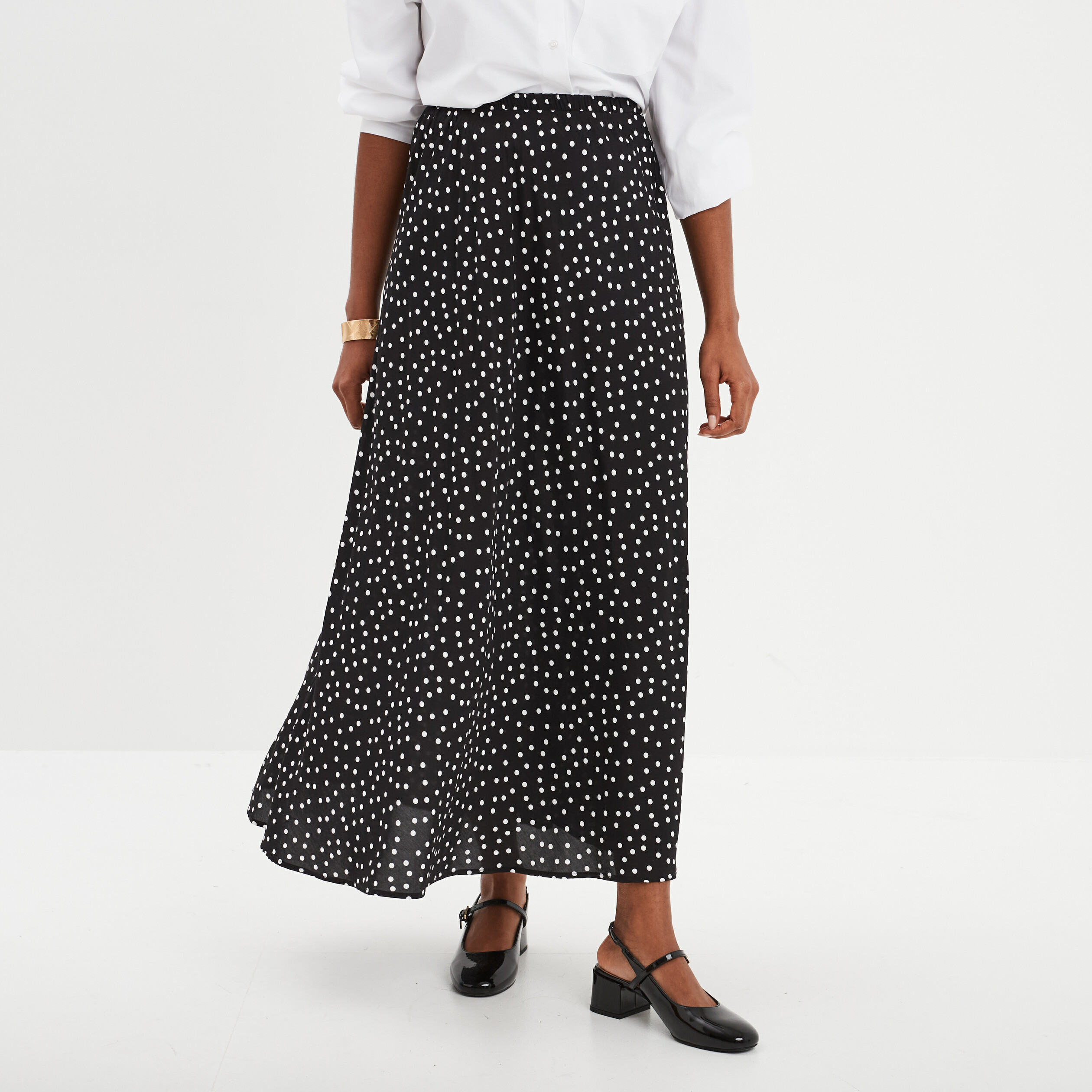 Jupe midi patineuse effet satin noir femme | La Halle