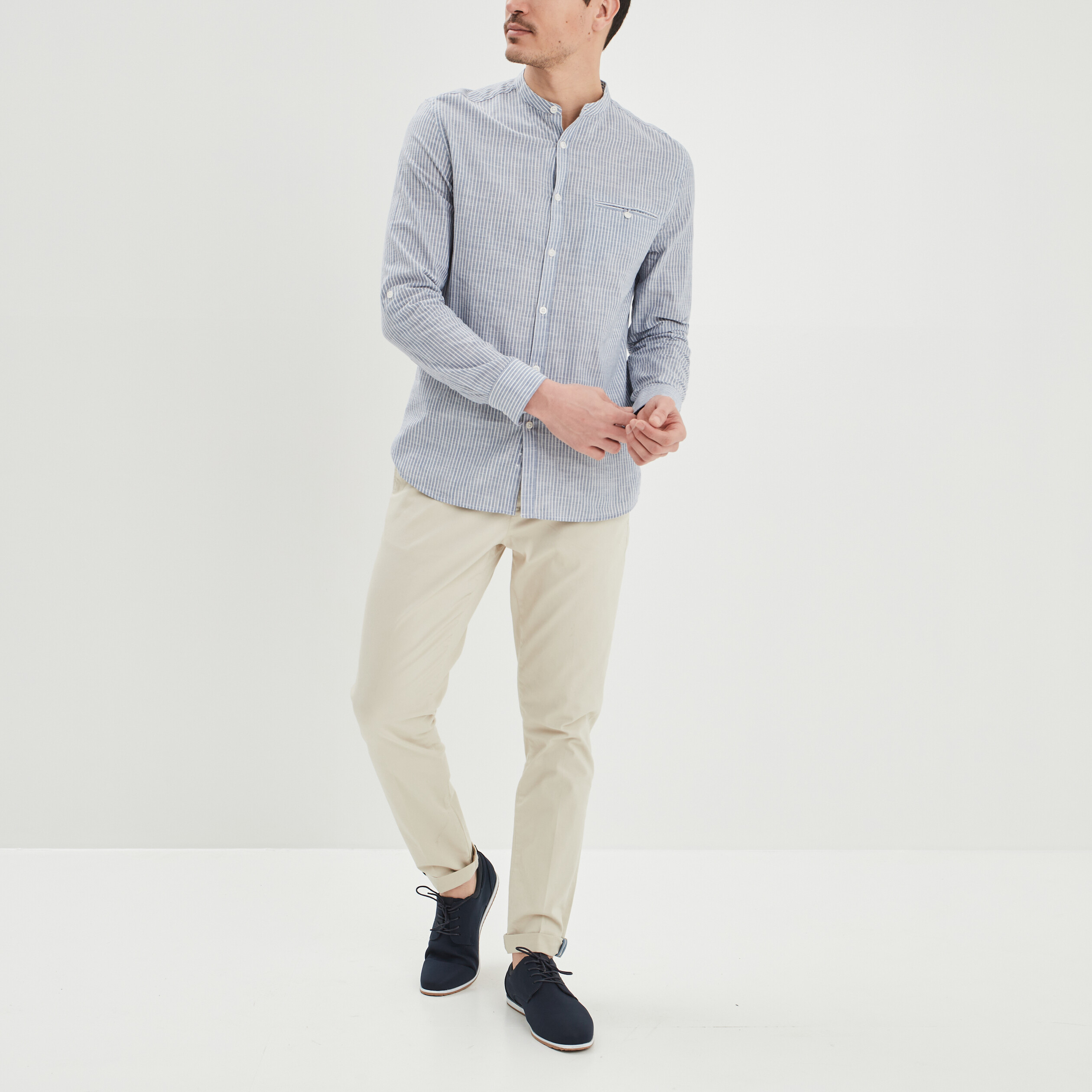 Chemise manches longues col mao coton gris clair homme | La Halle