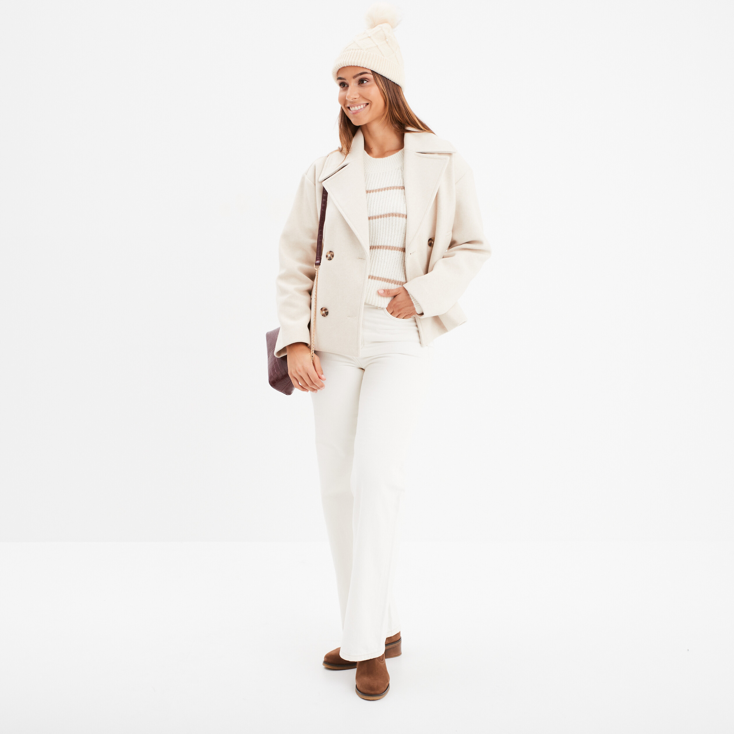 Pull col rond manches longues Creeks beige femme | La Halle