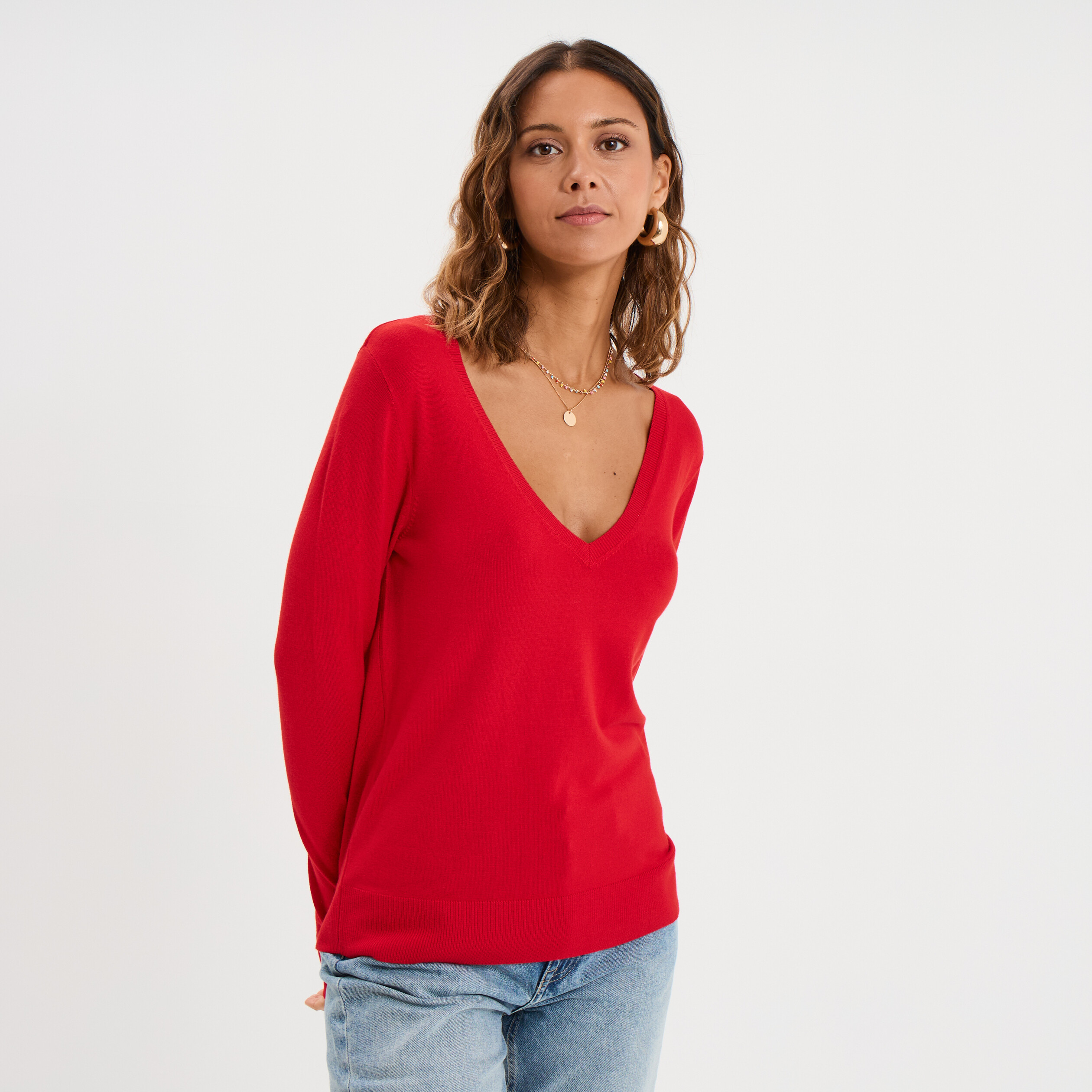 Pull col en V manches longues rouge femme | La Halle