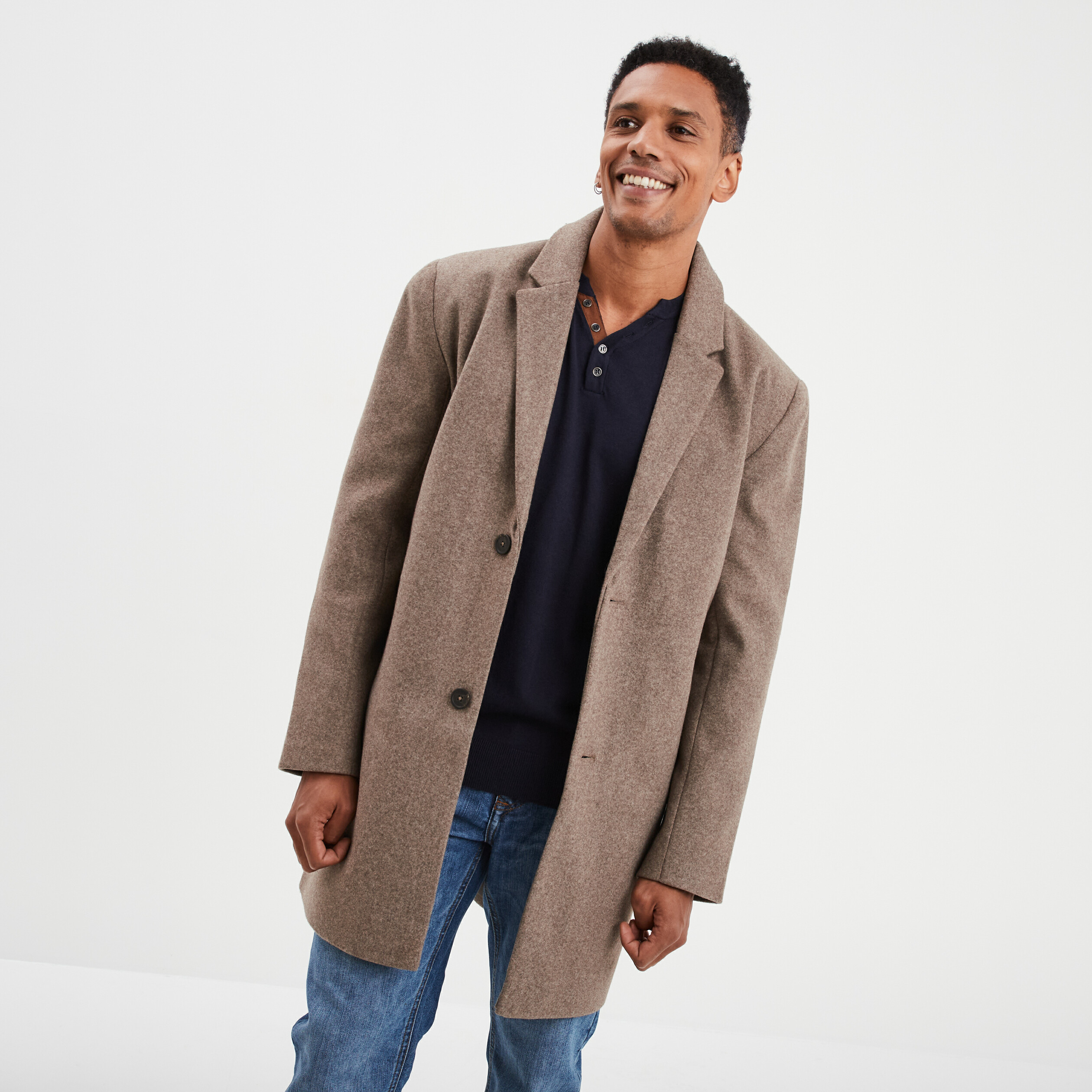 Manteau mi-long boutonné et doublé taupe homme | La Halle