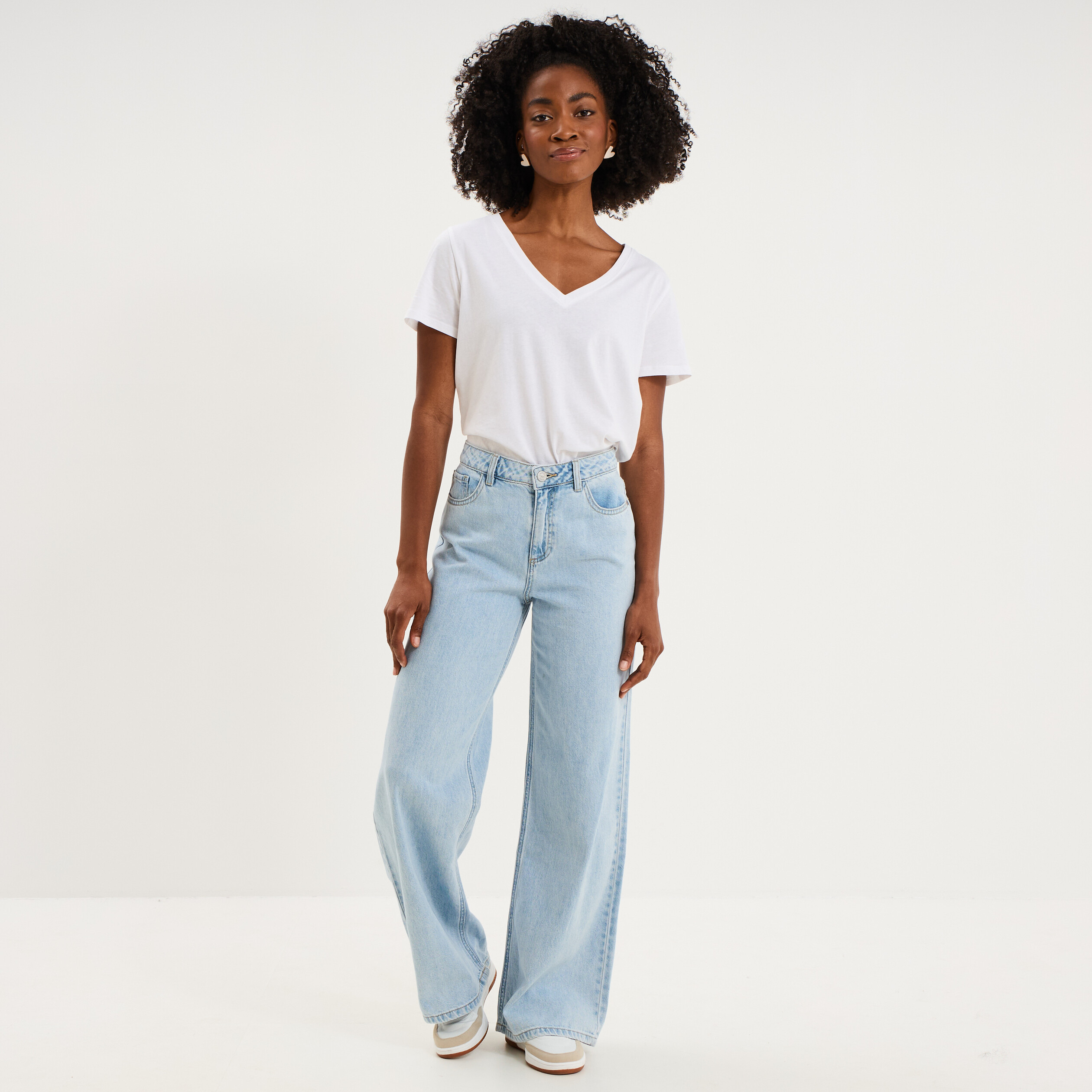 Jeans extra wide leg taille haute denim triple stone femme | La Halle